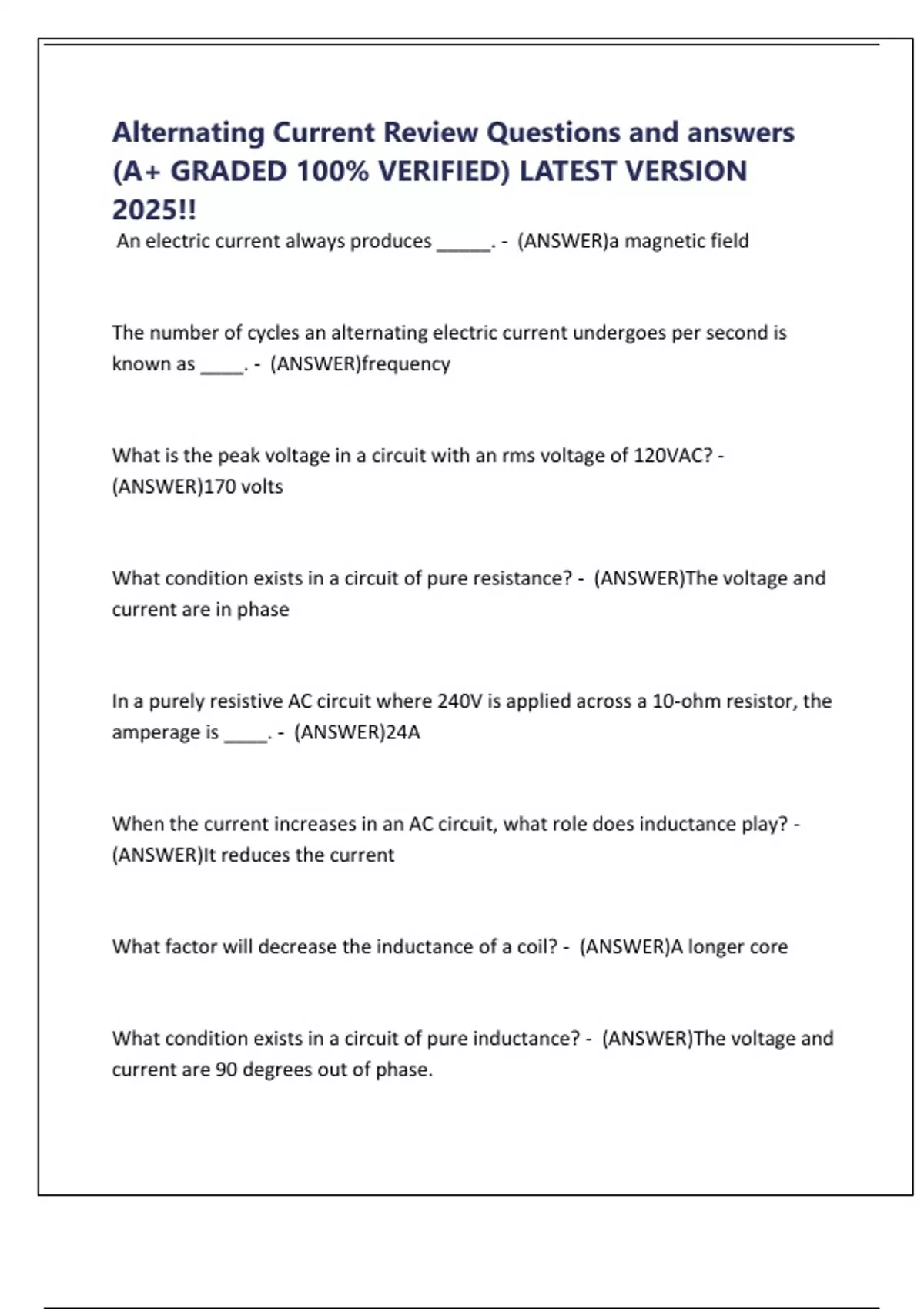 Alternating Current Review Questions and answers (A+ GRADED 100% ...