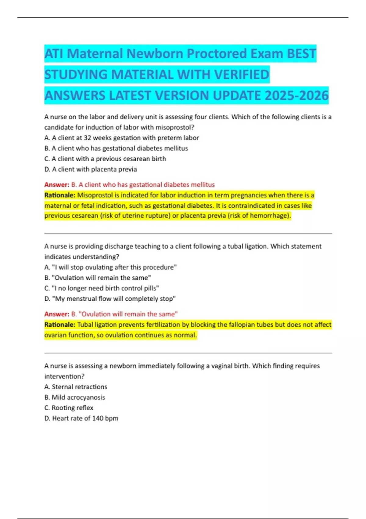 ATI Maternal Newborn Proctored Exam BEST STUDYING MATERIAL WITH ...
