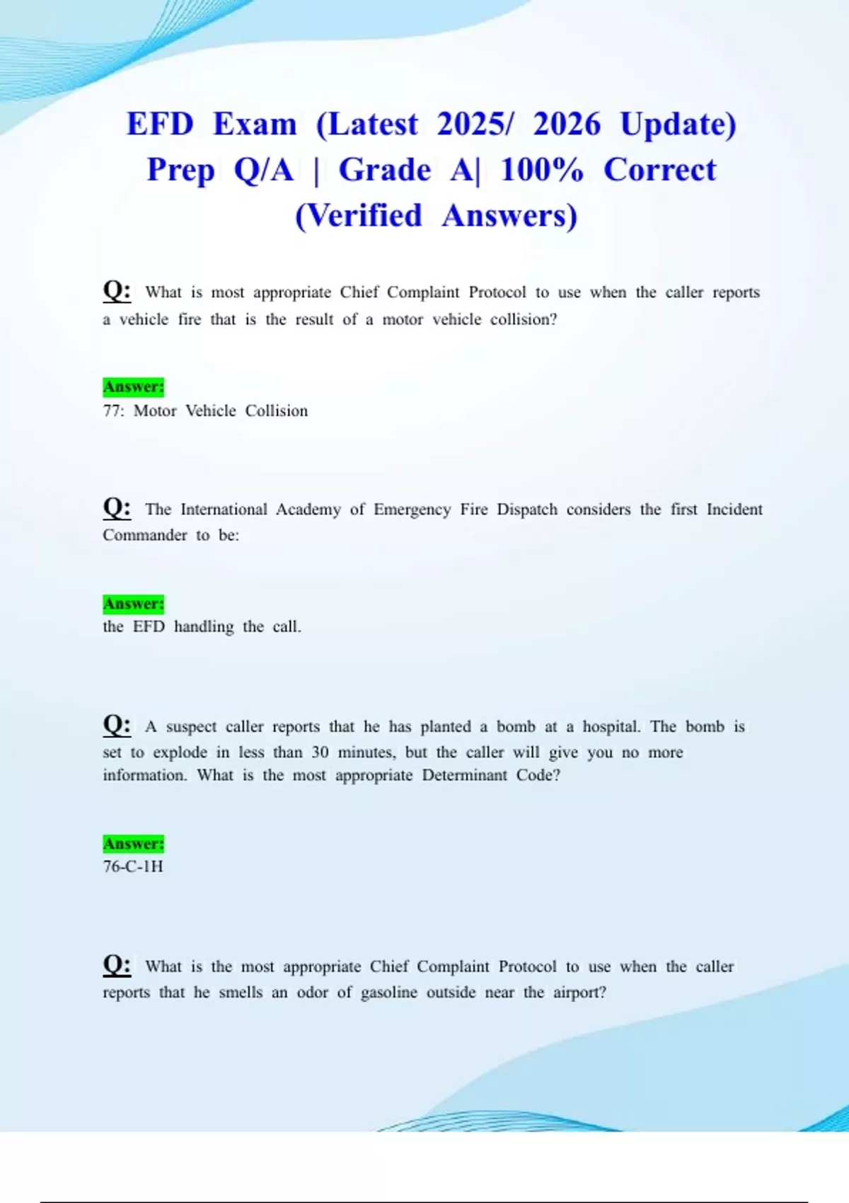EFD Exam (Latest 2025/ 2026 Update) Prep Q/A | Grade A| 100% Correct ...