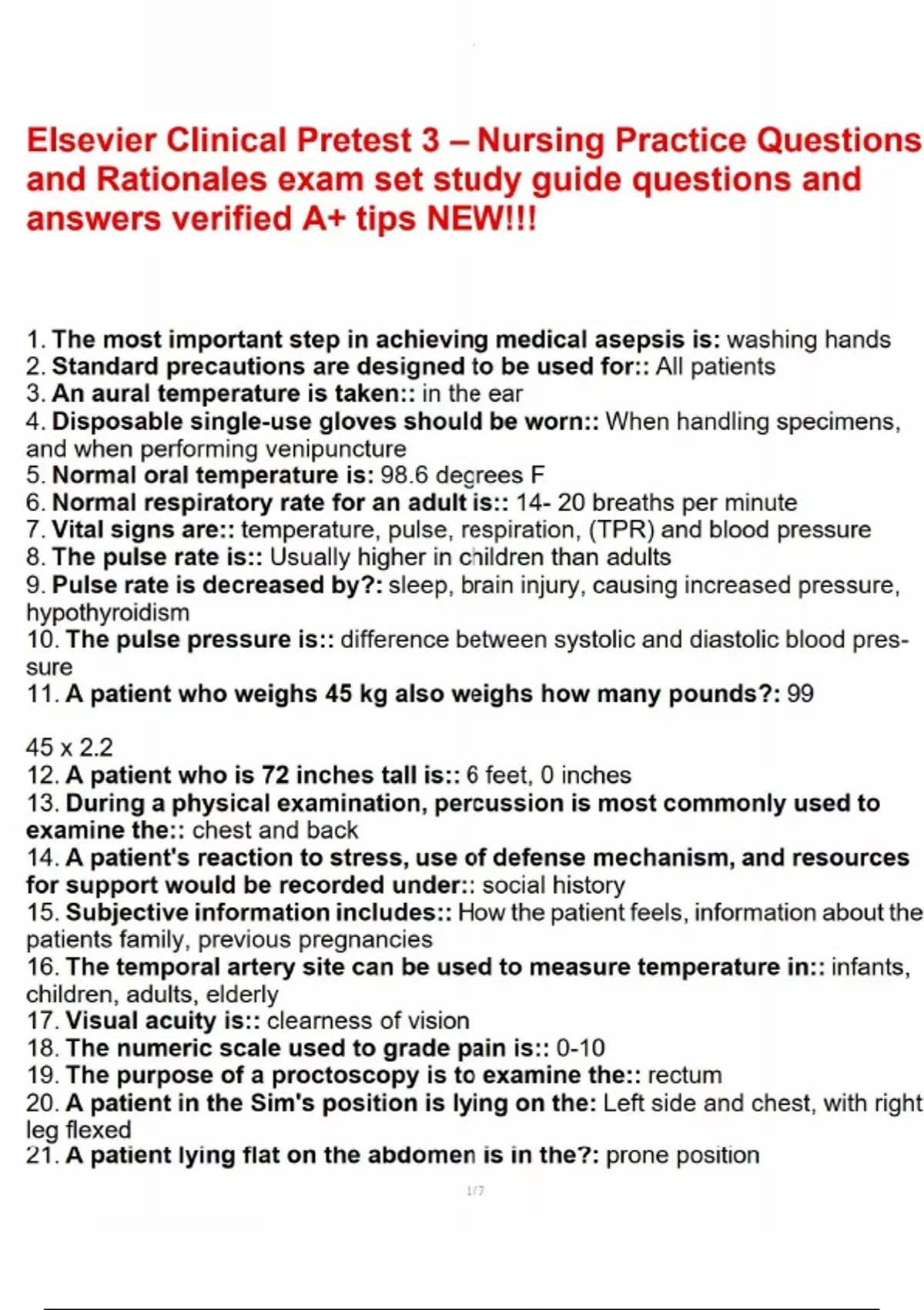 Elsevier Clinical Pretest 3 – Nursing Practice Questions and Rationales ...