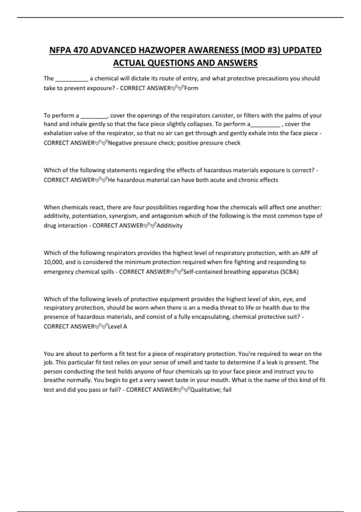 NFPA 470 ADVANCED HAZWOPER AWARENESS (MOD -3) UPDATED ACTUAL QUESTIONS ...