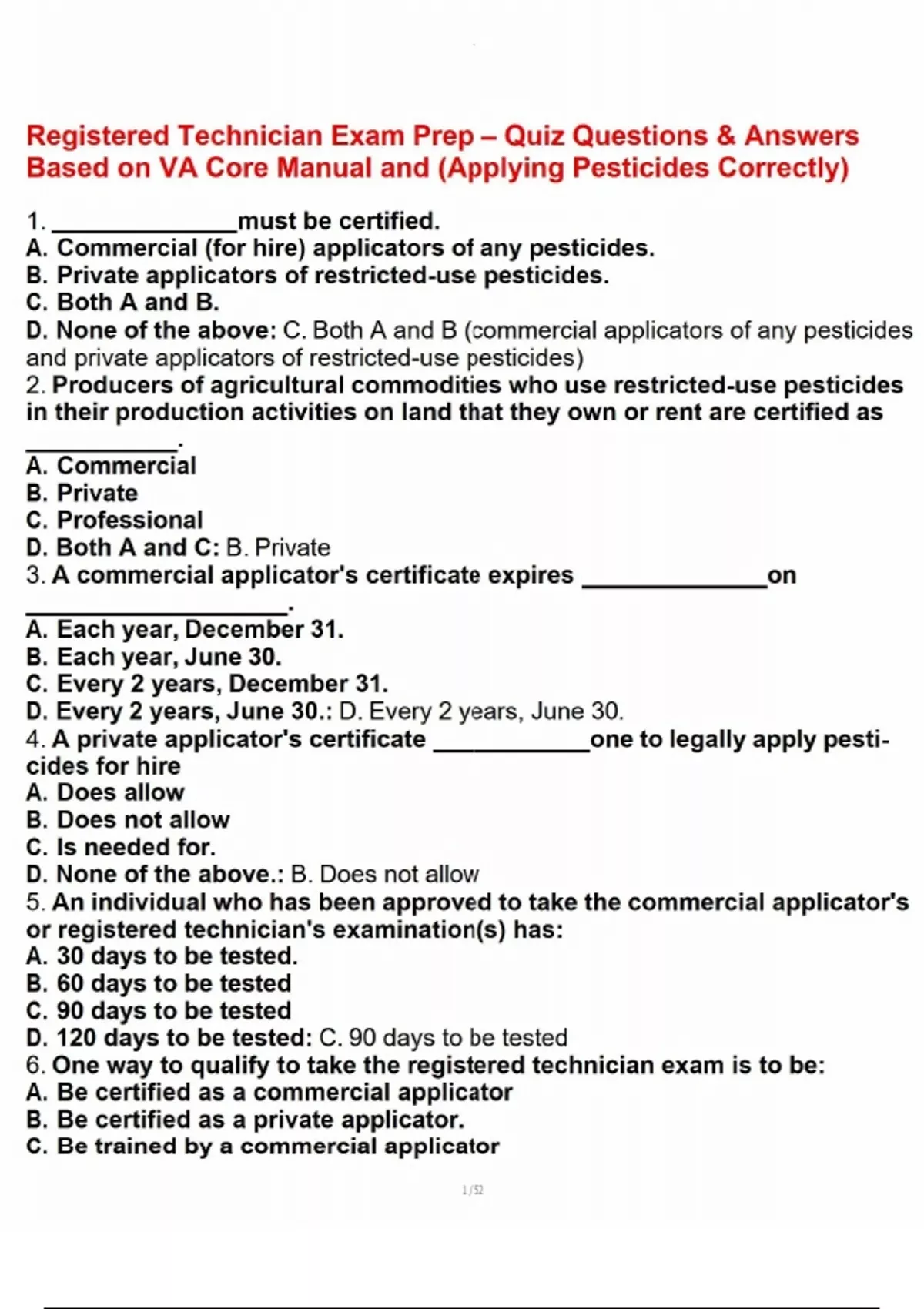 Registered Technician Exam Prep – Quiz Questions & Answers Based on VA Core Manual and (Applying ...