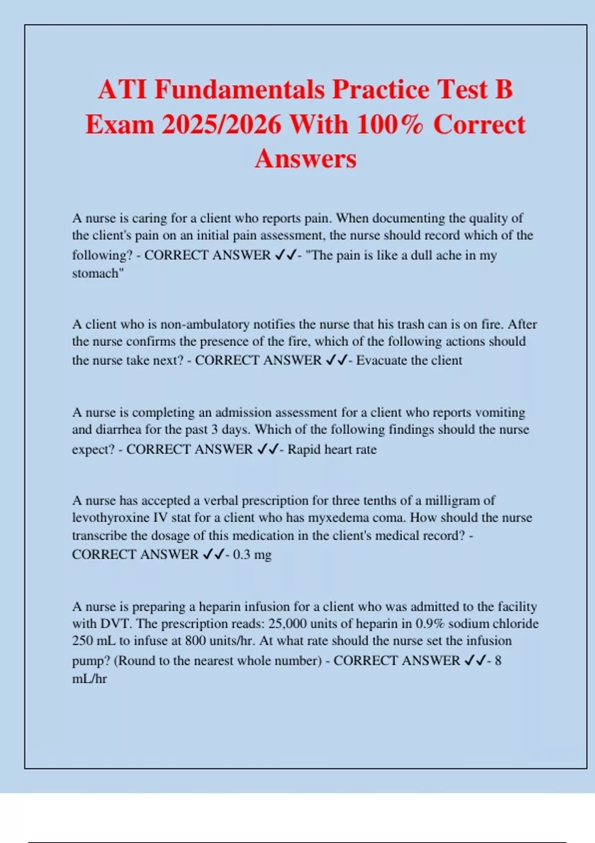 ATI Fundamentals Practice Test B Exam 2025/2026 With 100% Correct ...