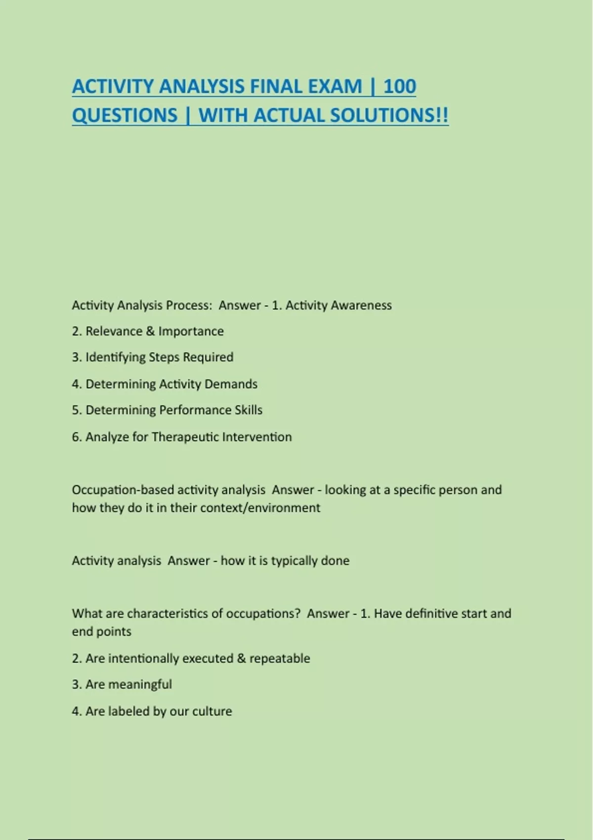 ACTIVITY ANALYSIS FINAL EXAM | 100 QUESTIONS | WITH ACTUAL SOLUTIONS ...