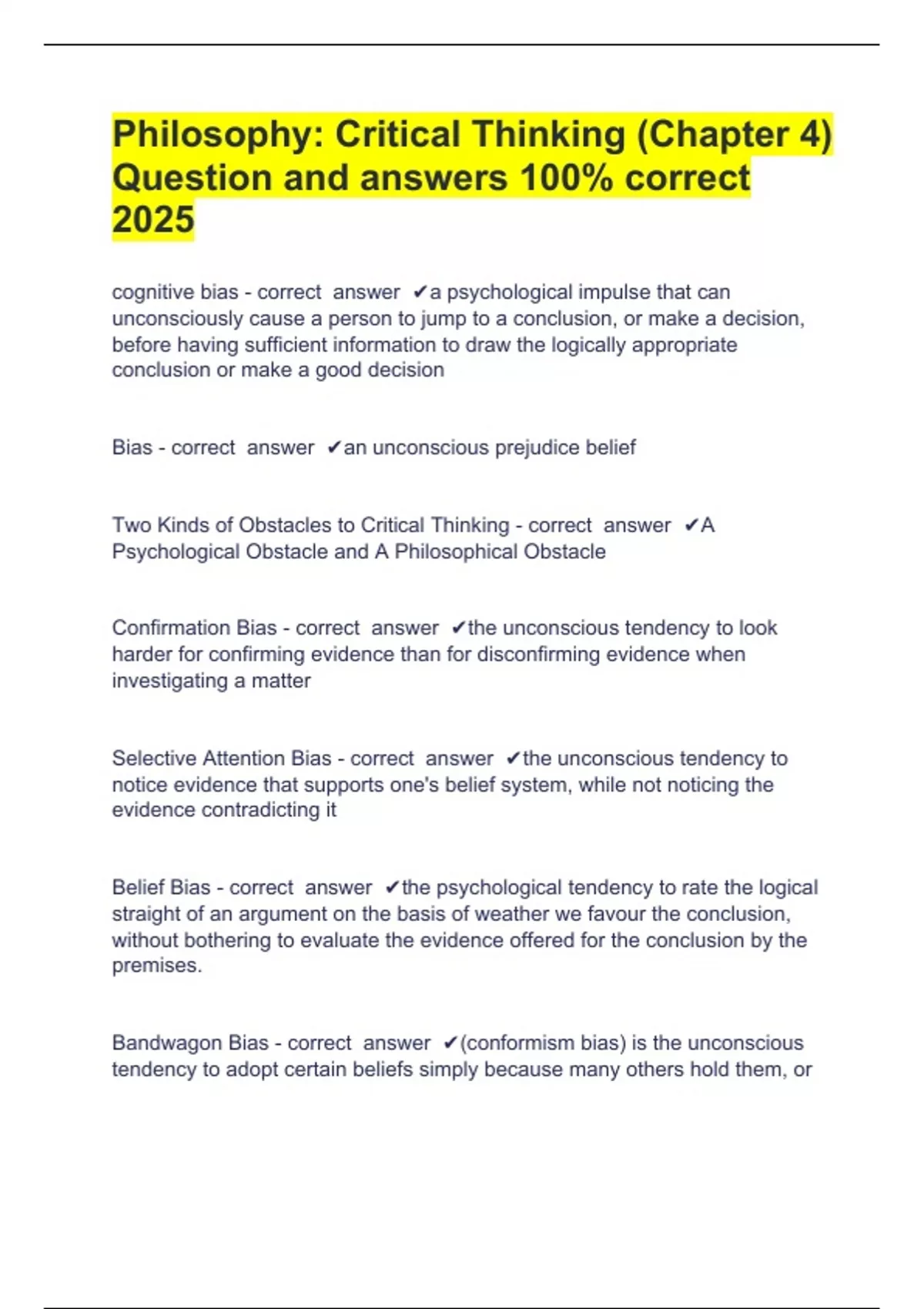 Philosophy: Critical Thinking (Chapter 4) Question and answers 100% correct 2025 - Philosophy ...