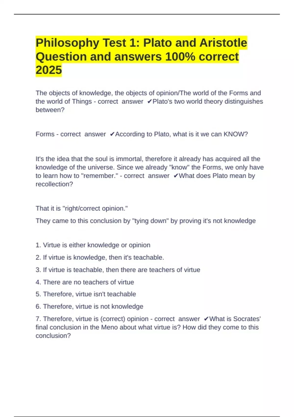 Philosophy Test 1: Plato and Aristotle Question and answers 100% ...