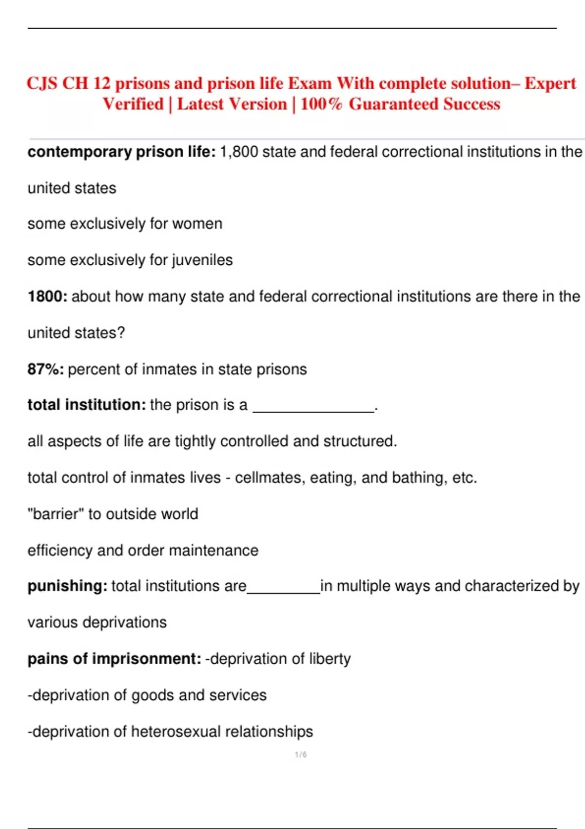 CJS CH 12 prisons and prison life Exam With complete solution– Expert ...