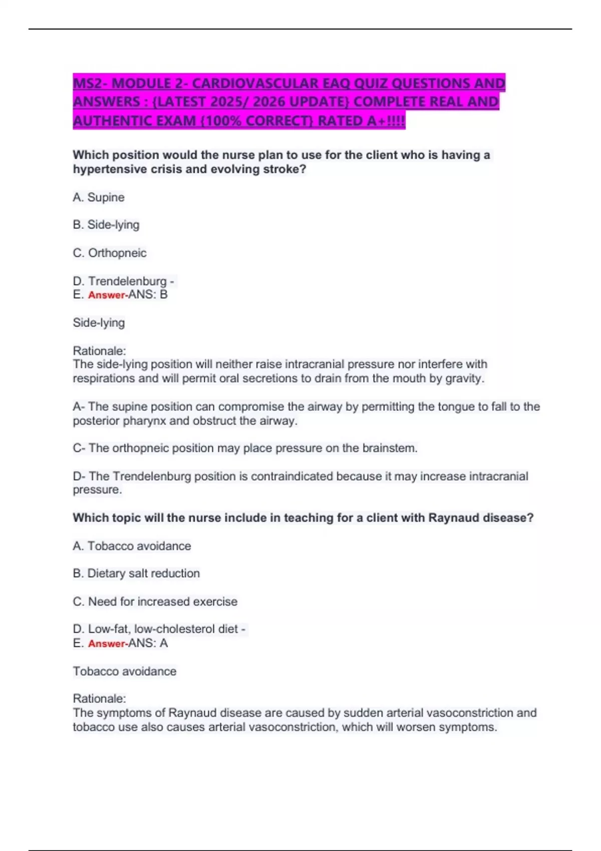 MS2- MODULE 2- CARDIOVASCULAR EAQ QUIZ QUESTIONS AND ANSWERS : {LATEST ...