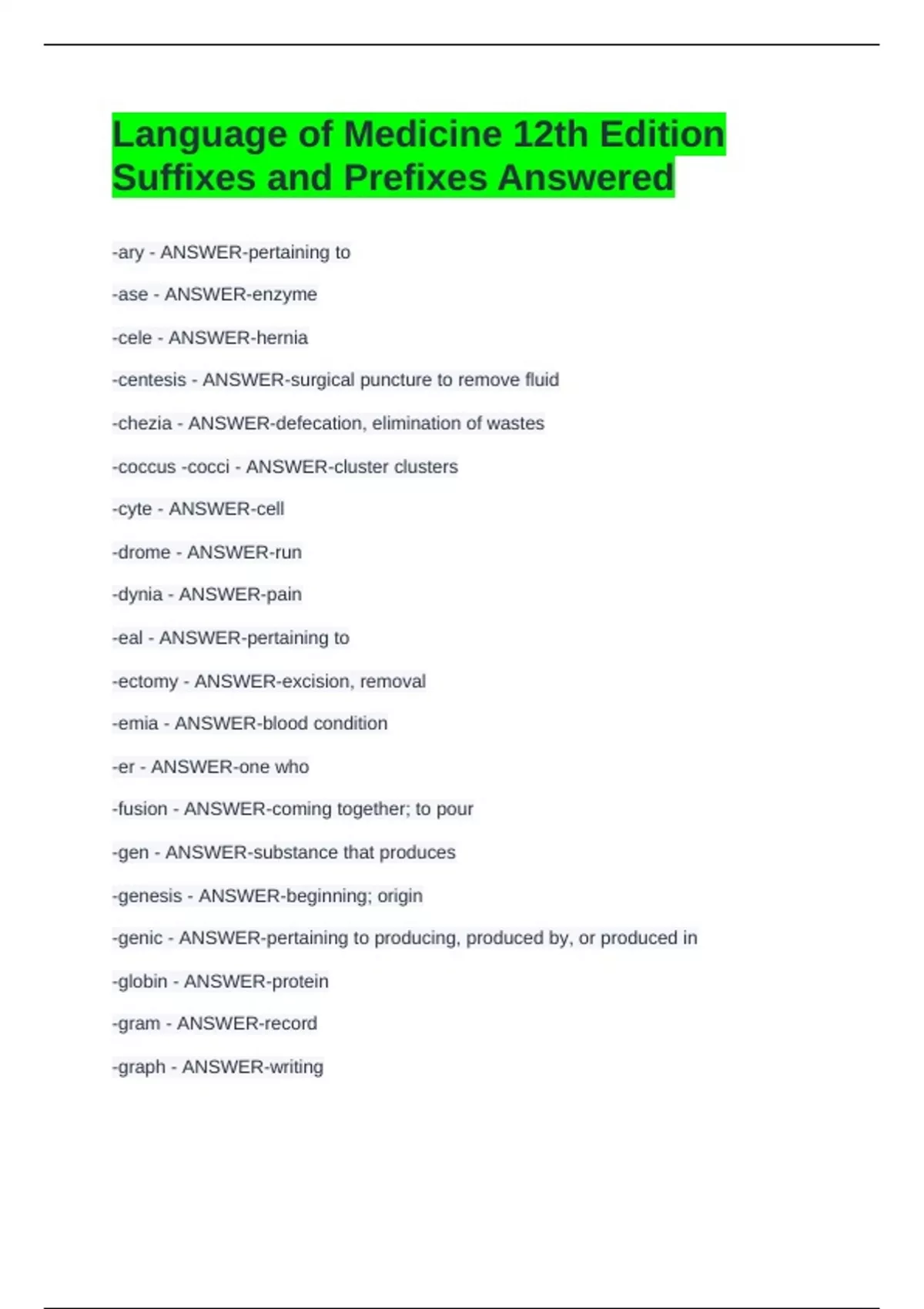 Language of Medicine 12th Edition Suffixes and Prefixes Answered ...