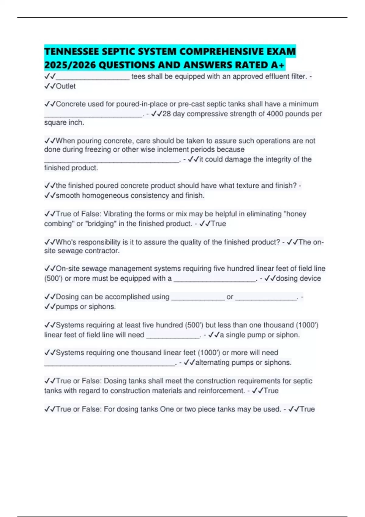 TENNESSEE SEPTIC SYSTEM COMPREHENSIVE EXAM 2025/2026 QUESTIONS AND ...