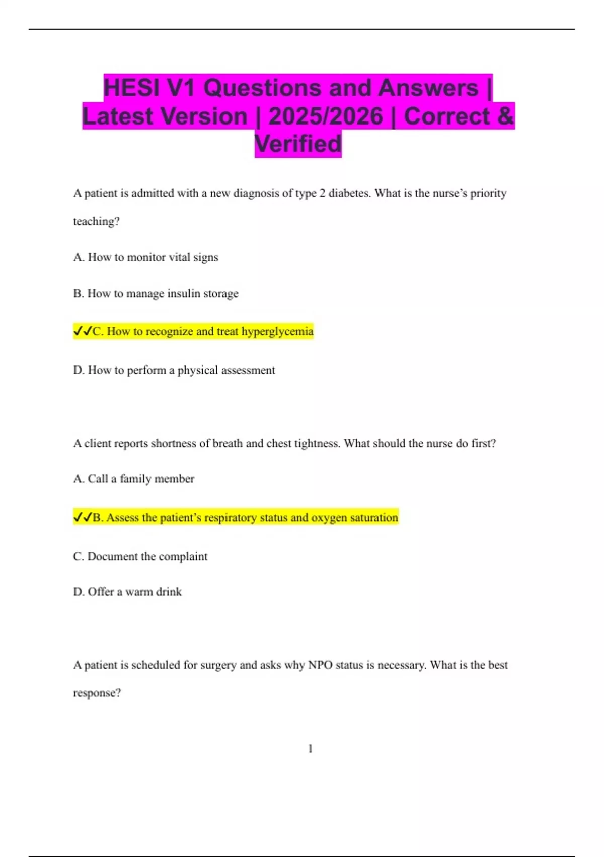 HESI V1 Questions and Answers | Latest Version | 2025/2026 | Correct ...