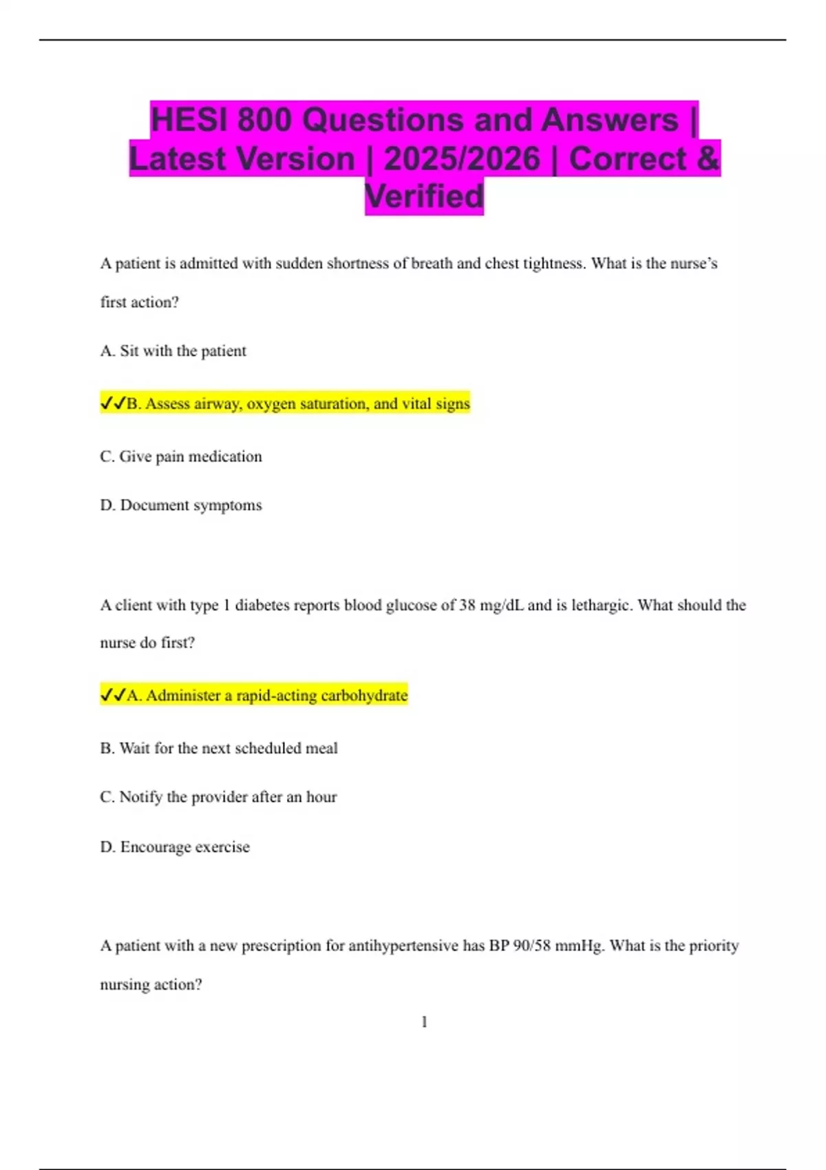 HESI 800 Questions and Answers | Latest Version | 2025/2026 | Correct ...