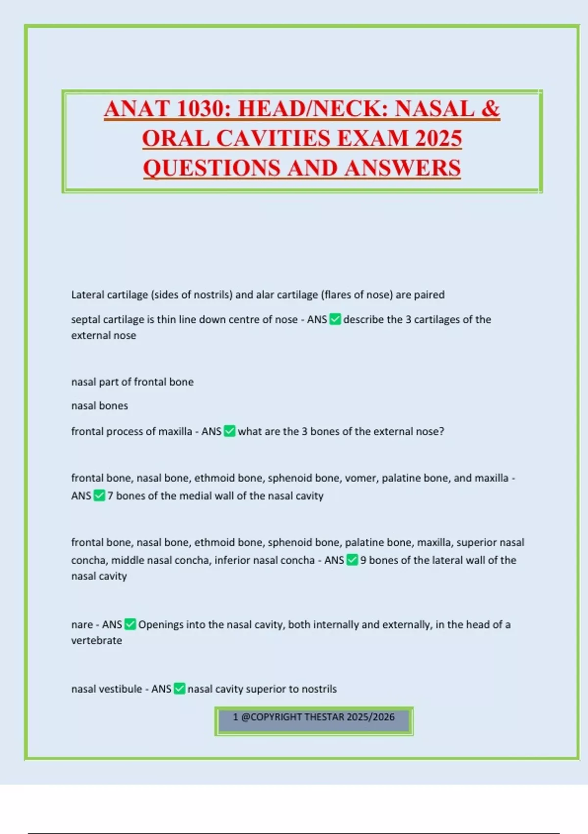 ANAT 1030: HEAD/NECK: NASAL & ORAL CAVITIES EXAM 2025 QUESTIONS AND ...