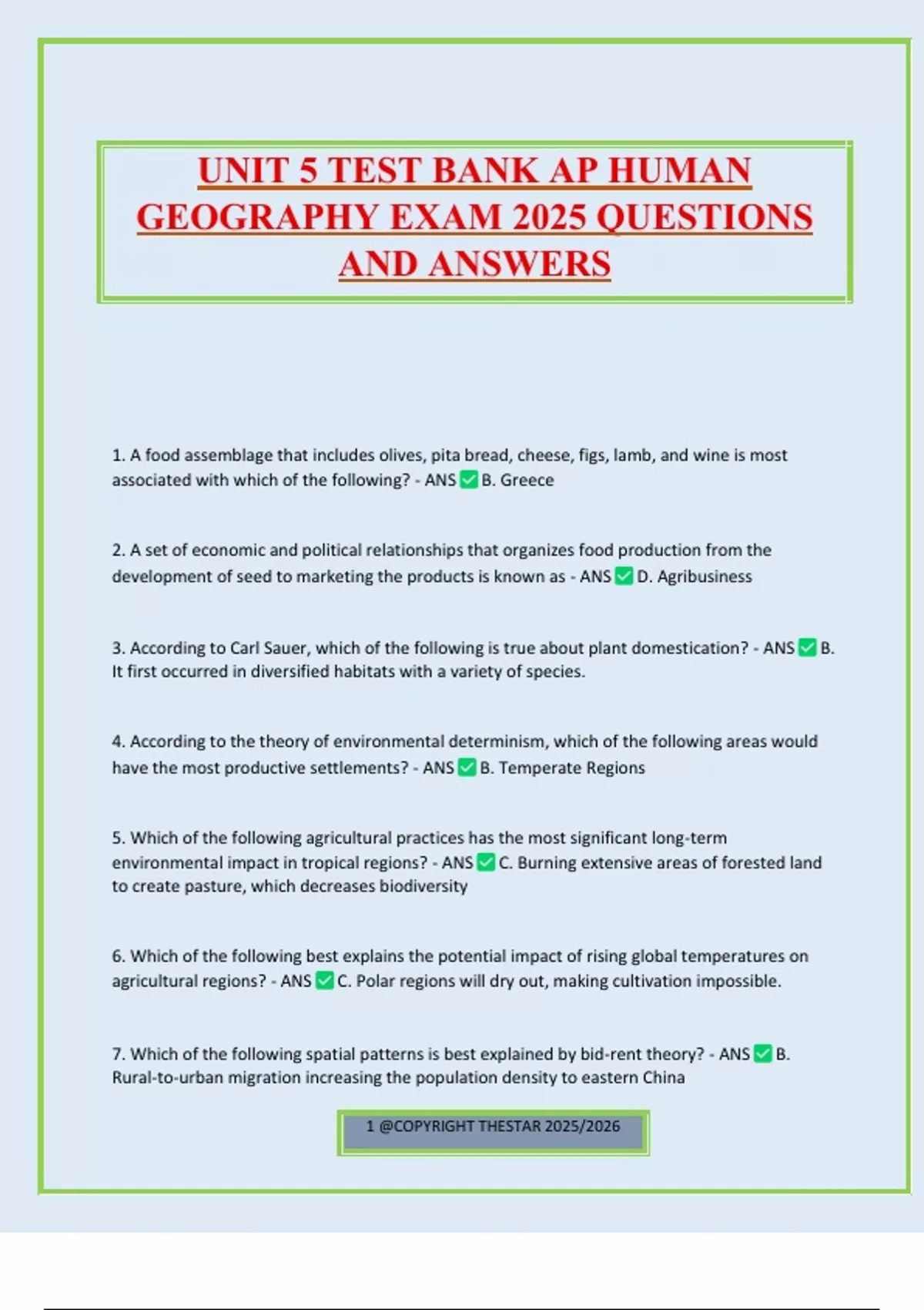 UNIT 5 TEST BANK AP HUMAN GEOGRAPHY EXAM 2025 QUESTIONS AND ANSWERS ...