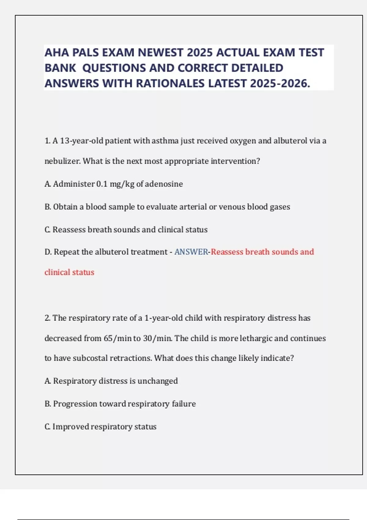 AHA PALS Exam 2025 Test Bank: Questions, Answers & Rationales - AHA ...