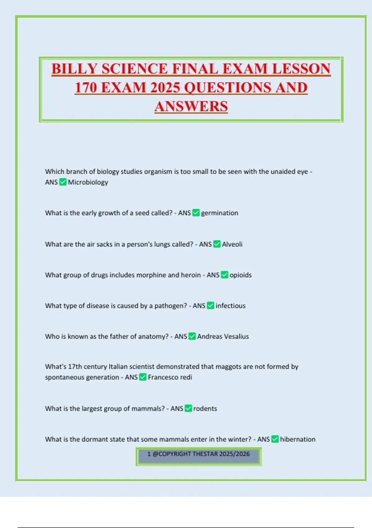 BILLY SCIENCE FINAL EXAM LESSON 170 EXAM 2025 QUESTIONS AND ANSWERS ...