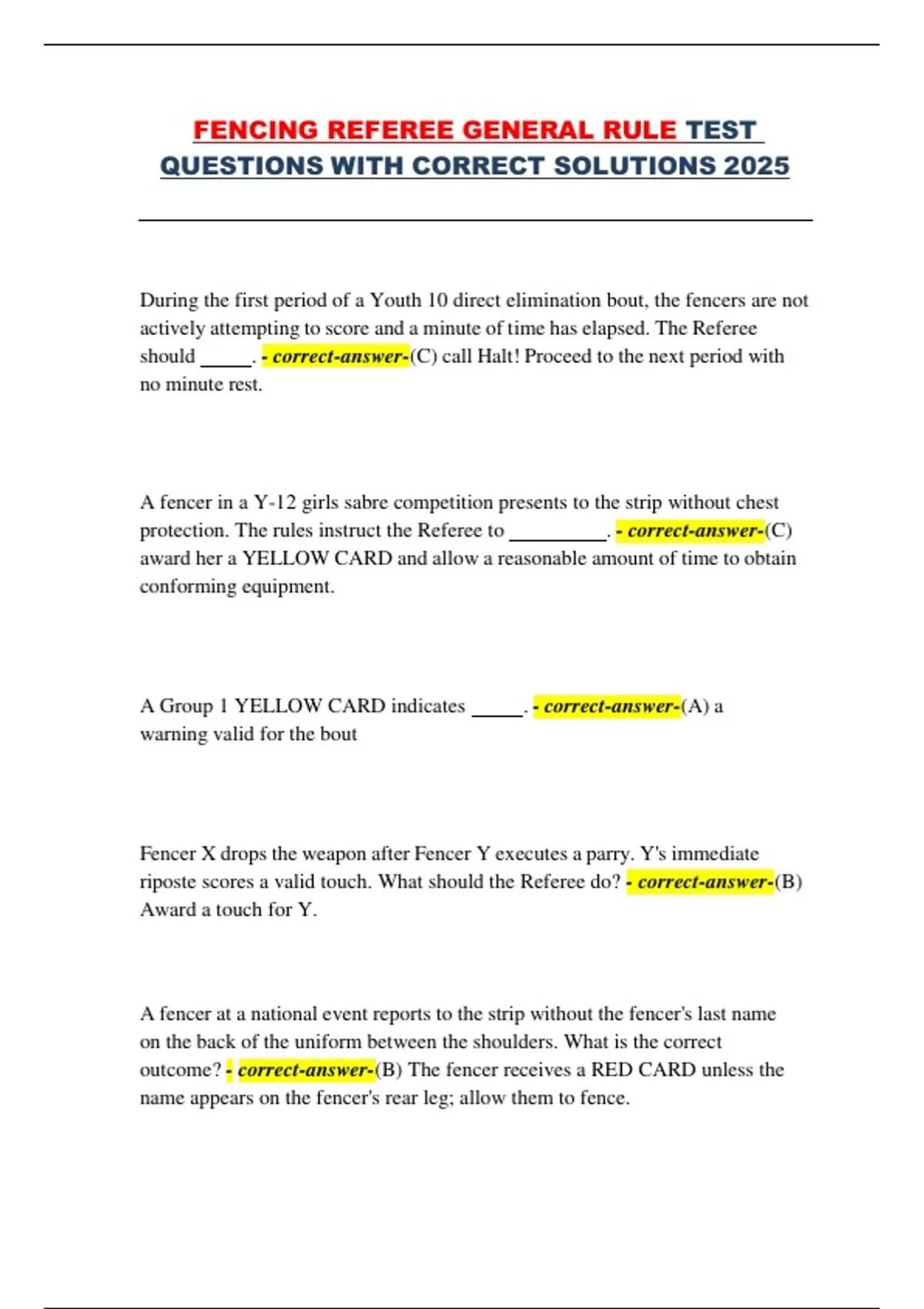 FENCING REFEREE GENERAL RULE TEST QUESTIONS WITH CORRECT SOLUTIONS 2025 ...