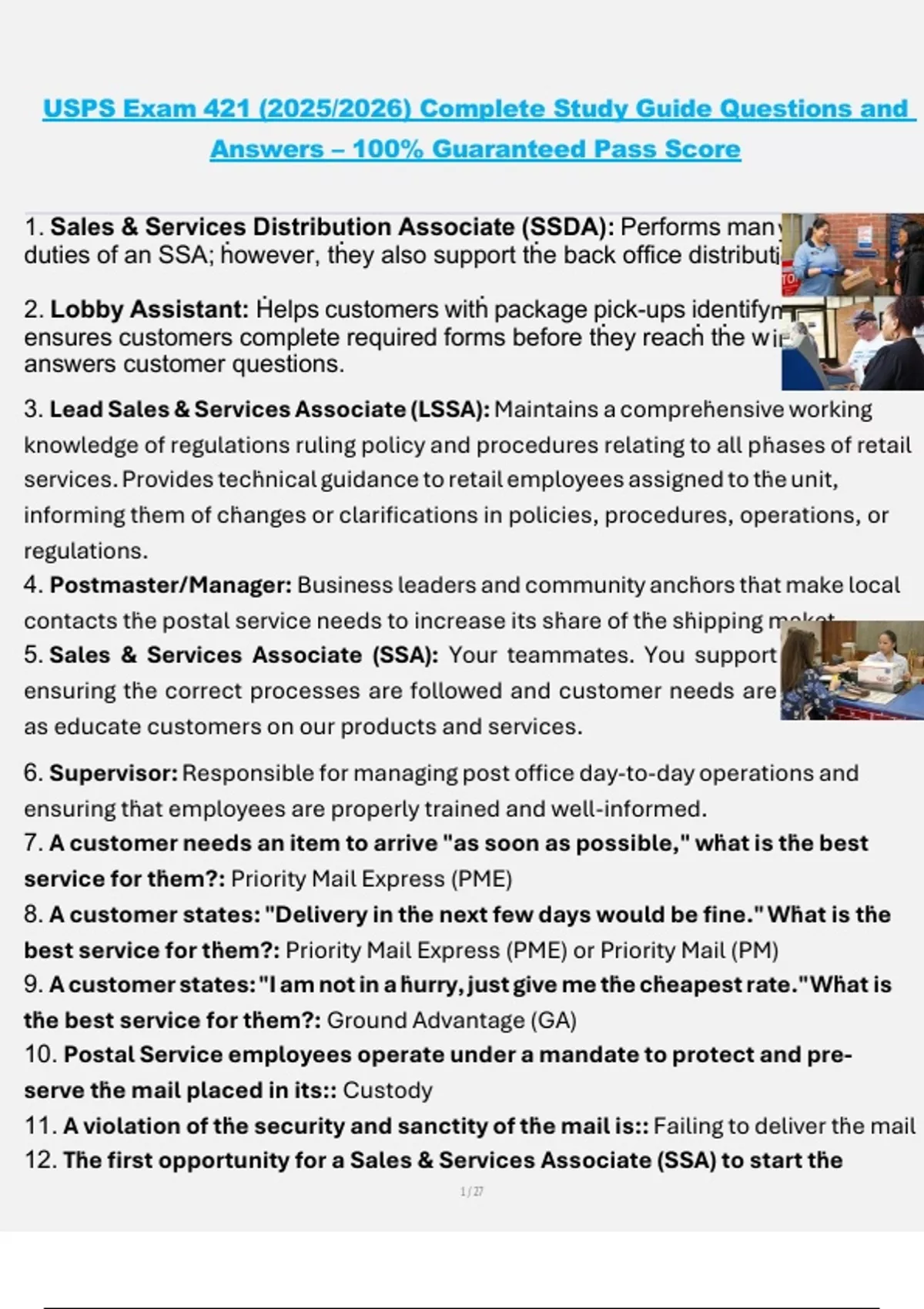 USPS Exam 421 Complete Study Guide (2025/2026) – Questions and Answers ...