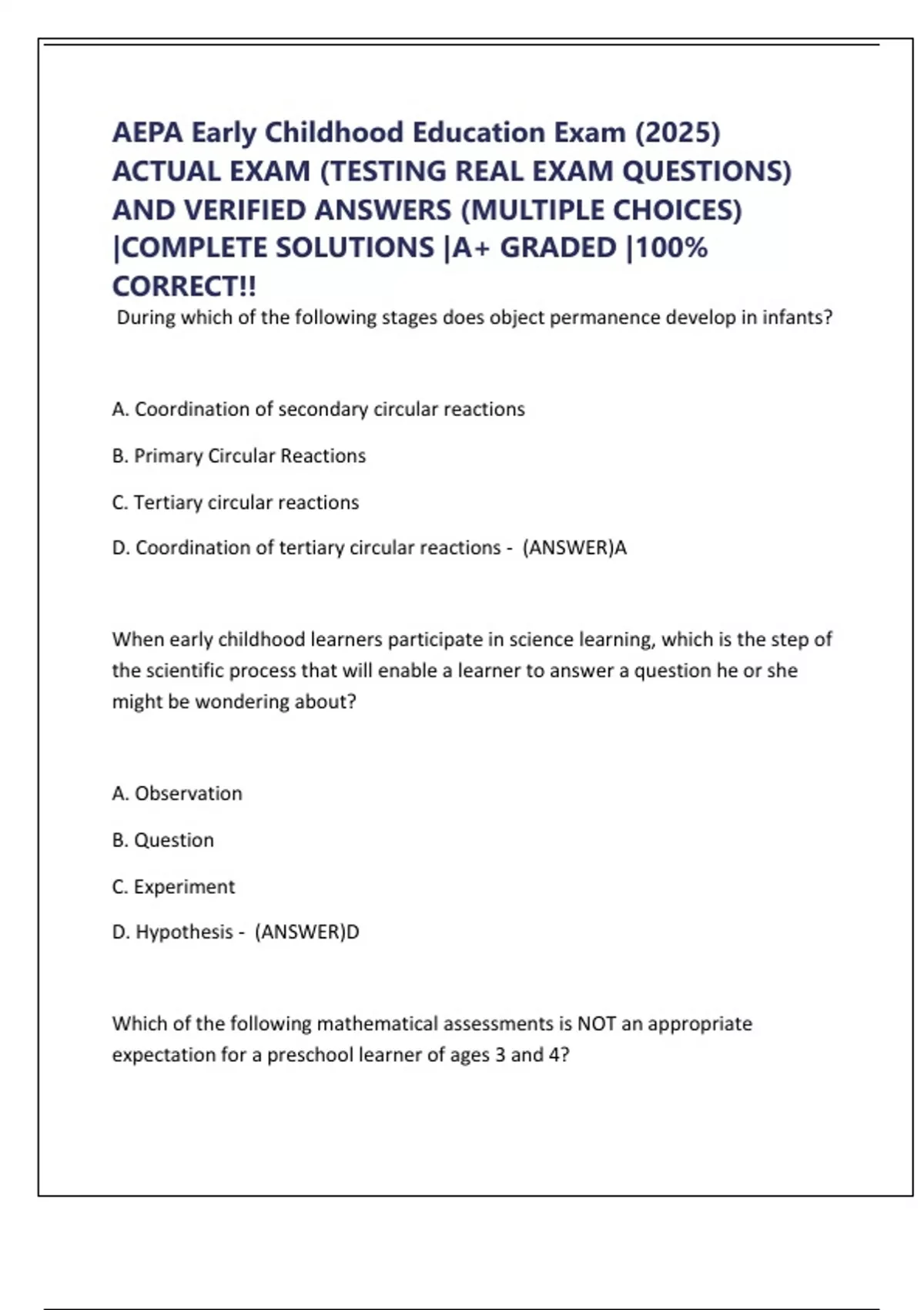 AEPA Early Childhood Education Exam (2025) ACTUAL EXAM (TESTING REAL ...