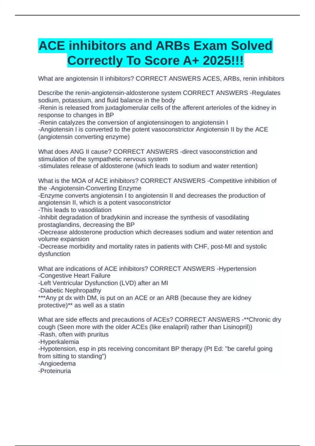 ACE inhibitors and ARBs Exam Package Deal With A Guaranteed Pass ...
