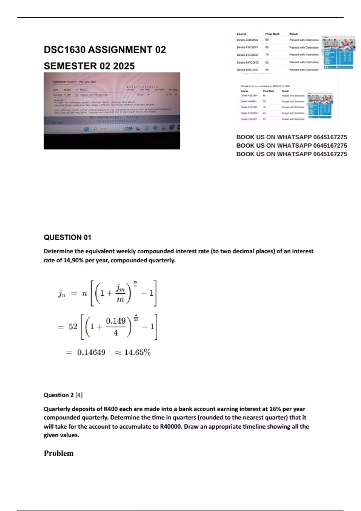 Dsc1630 Assignment 2 Semester 2 2025 All Questions Answered - Introductory Financial Mathematics ...