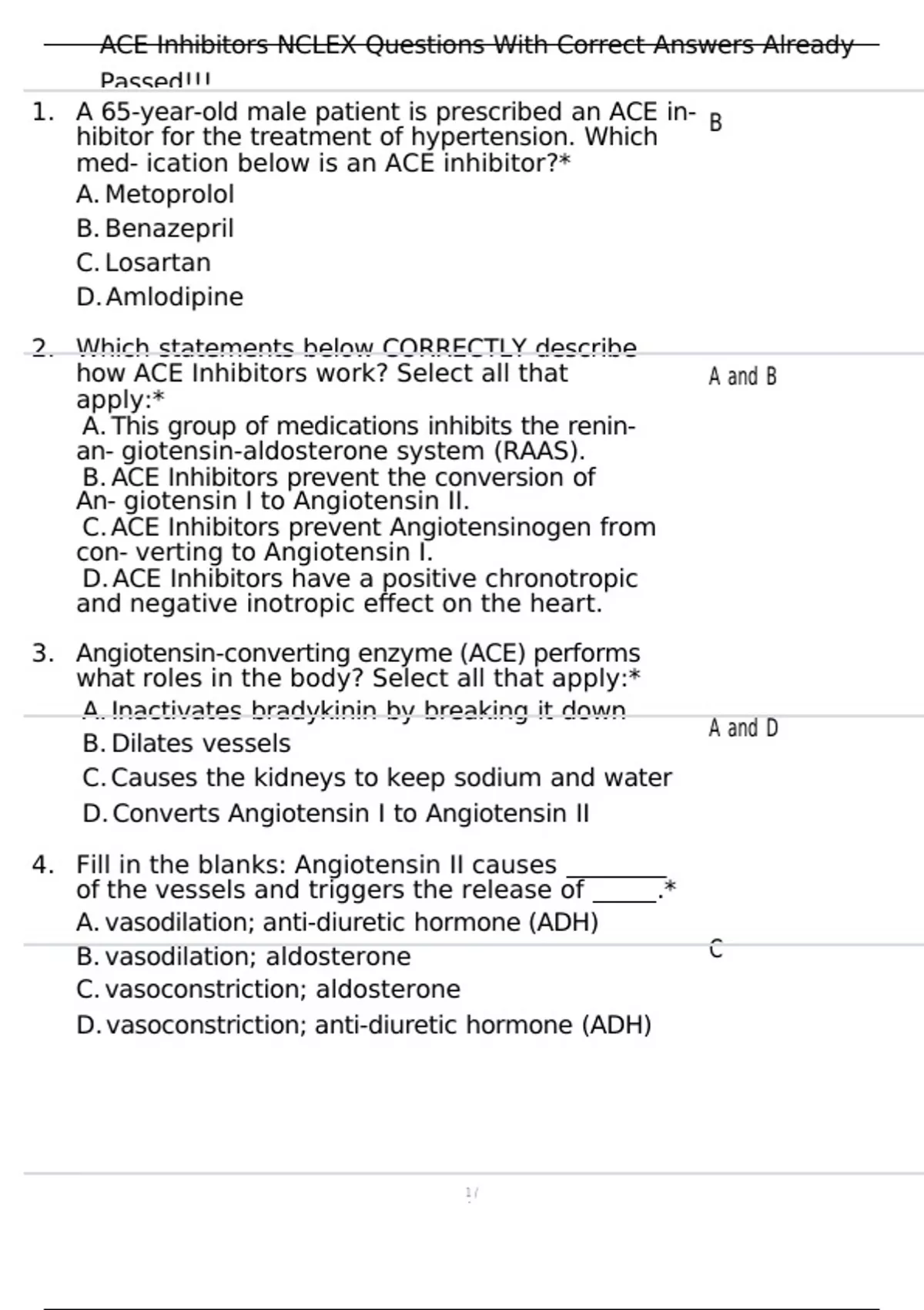 ACE Inhibitors NCLEX Questions With Correct Answers Already Passed ...