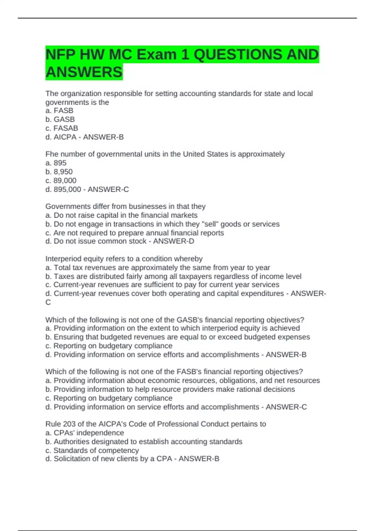 NFP HW MC Exam 1 QUESTIONS AND ANSWERS - NFP - Stuvia US