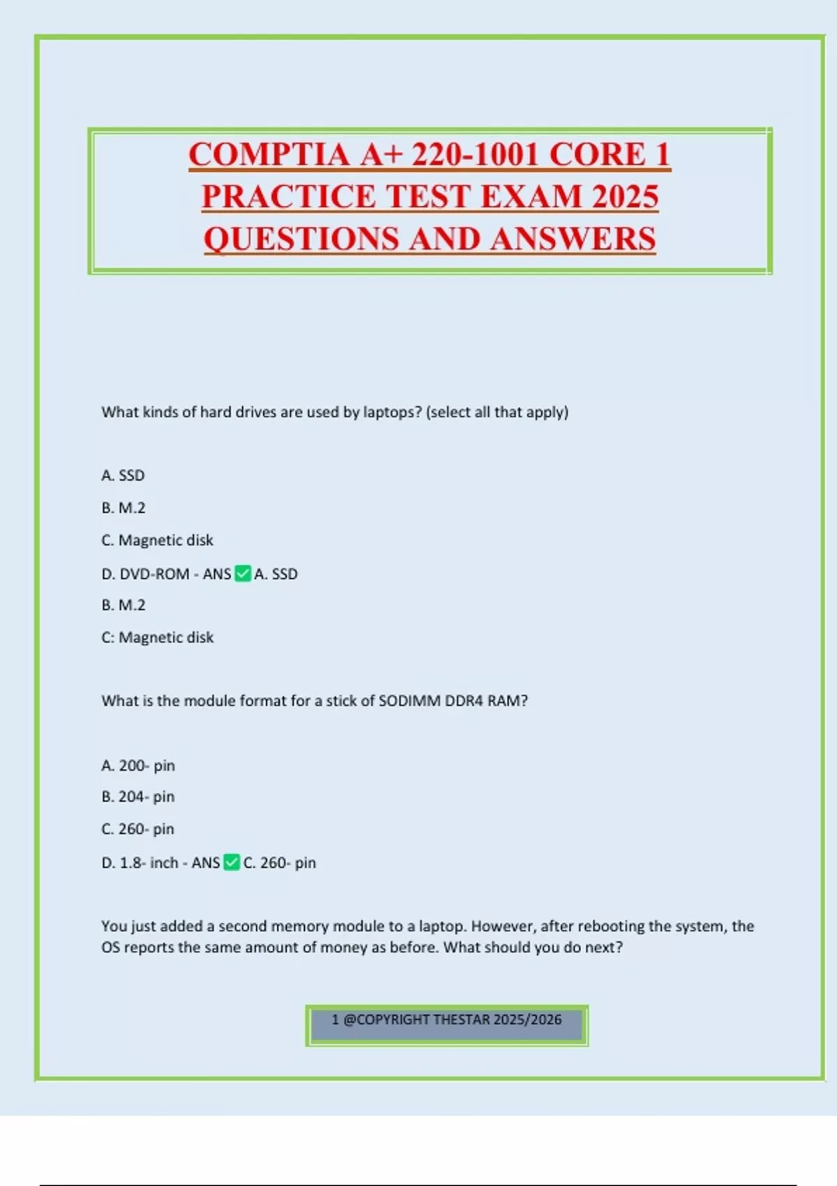 COMPTIA A+ 220-1001 CORE 1 PRACTICE TEST EXAM 2025 QUESTIONS AND ...