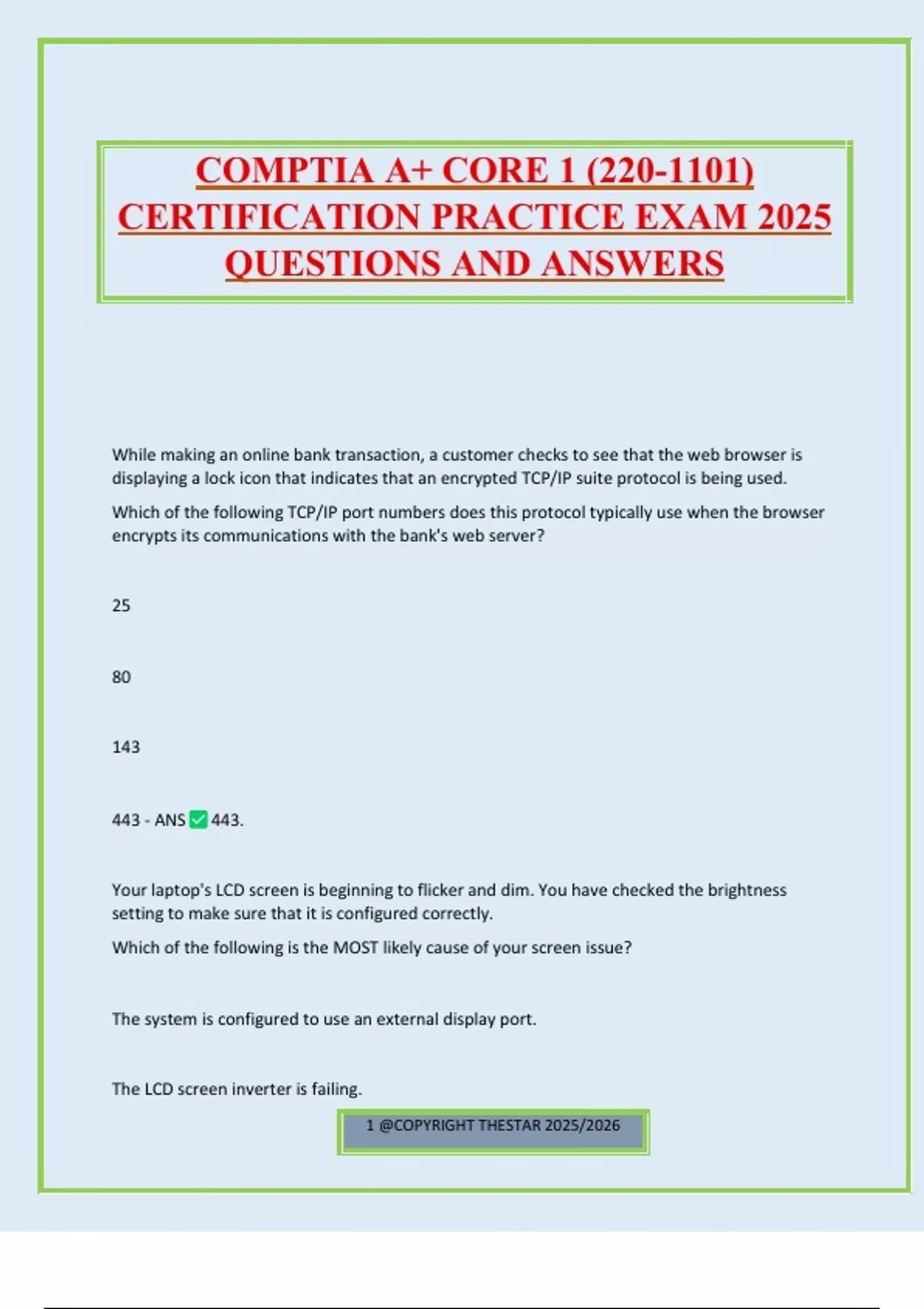 COMPTIA A+ CORE 1 (220-1101) CERTIFICATION PRACTICE EXAM 2025 QUESTIONS ...
