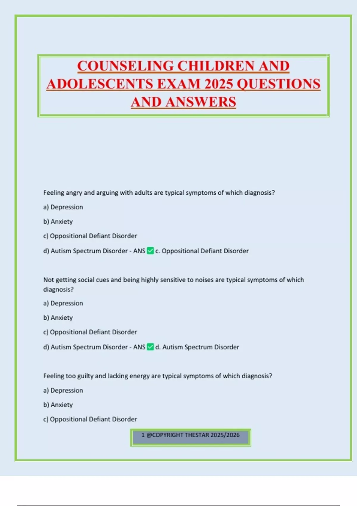 COUNSELING CHILDREN AND ADOLESCENTS EXAM 2025 QUESTIONS AND ANSWERS ...