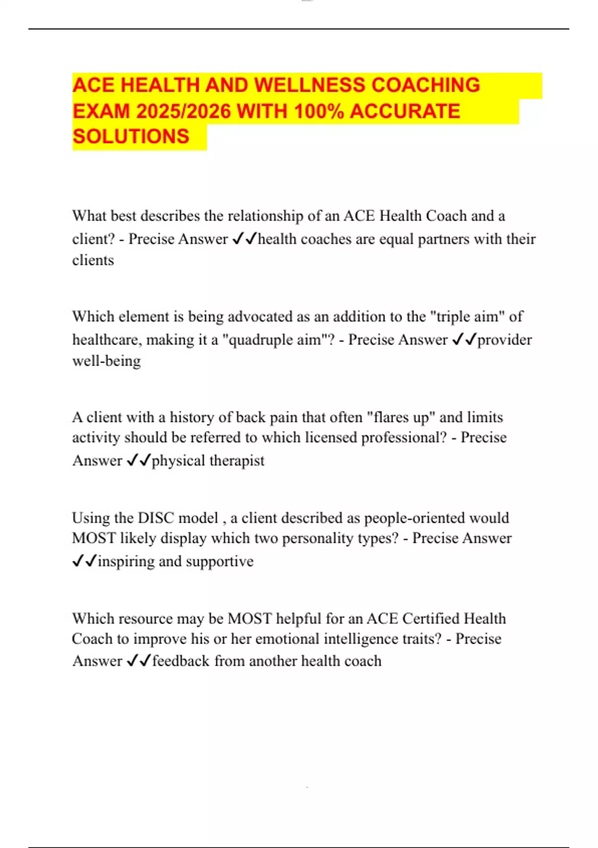 ACE HEALTH AND WELLNESS COACHING EXAM 2025/2026 WITH 100% ACCURATE ...