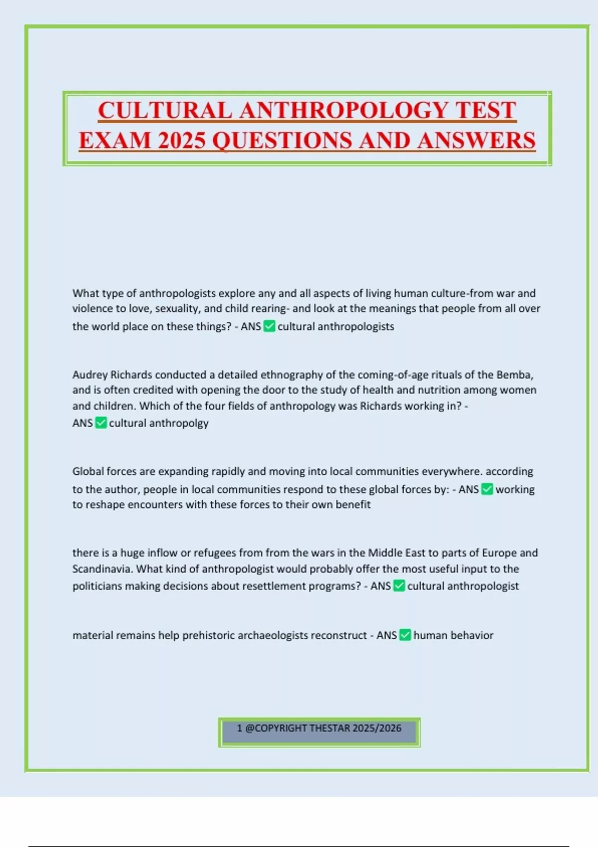 CULTURAL ANTHROPOLOGY TEST EXAM 2025 QUESTIONS AND ANSWERS - CULTURAL ...