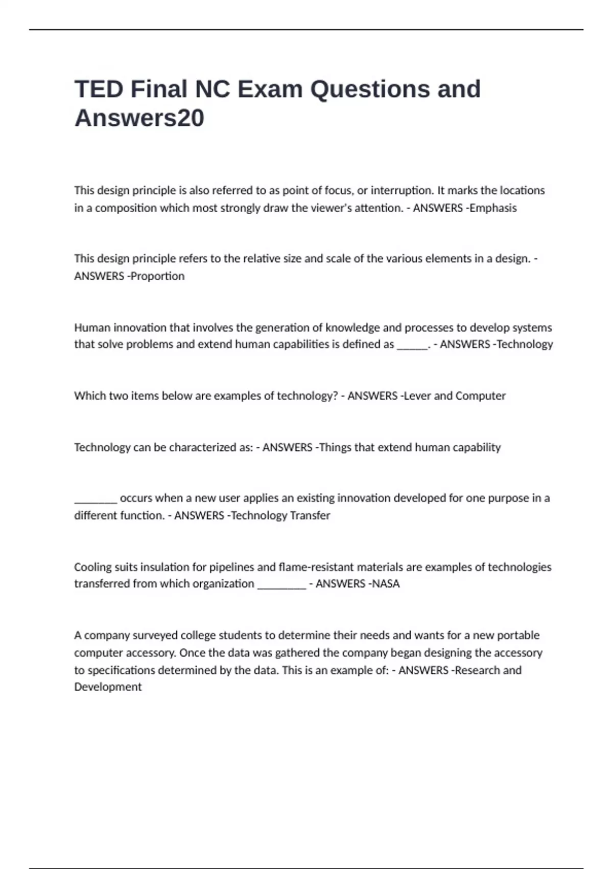 TED Final NC Exam Questions and Answers - TED - Stuvia US