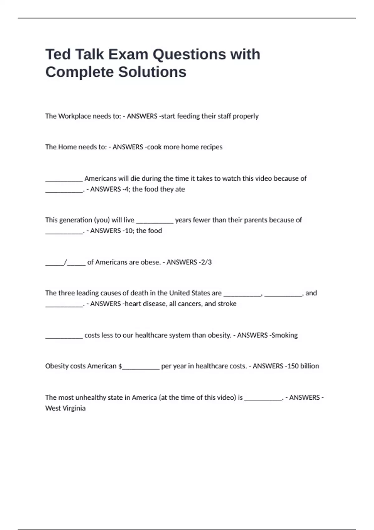 Ted Talk Exam Questions with Complete Solutions - Ted Talk - Stuvia US