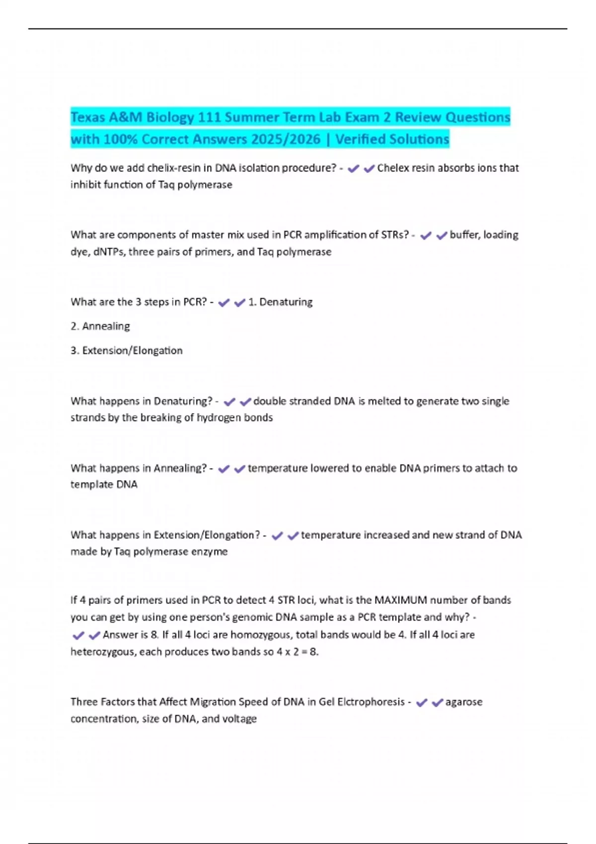 Texas A&M Biology 111 Summer Term Lab Exam 2 Review Questions with 100% ...