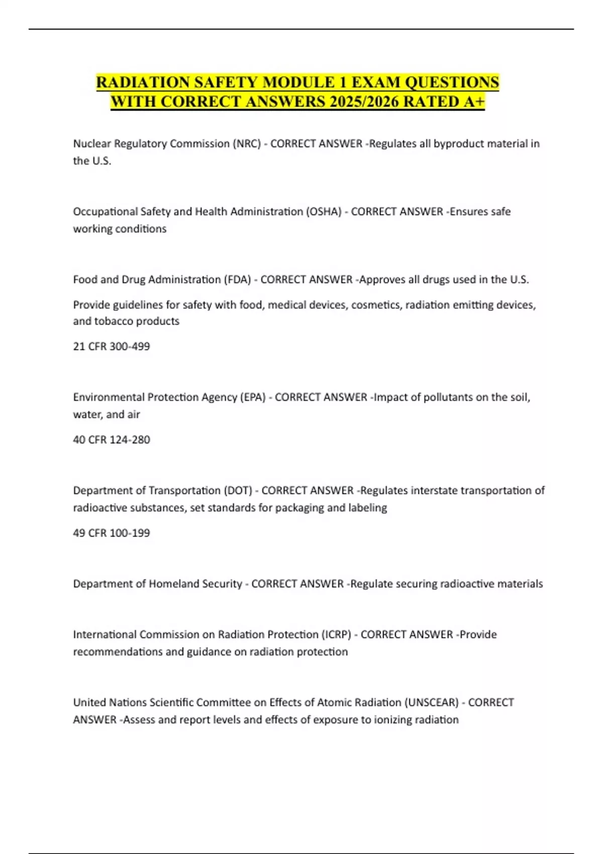 RADIATION SAFETY MODULE 1 EXAM QUESTIONS WITH CORRECT ANSWERS 2025/2026 ...