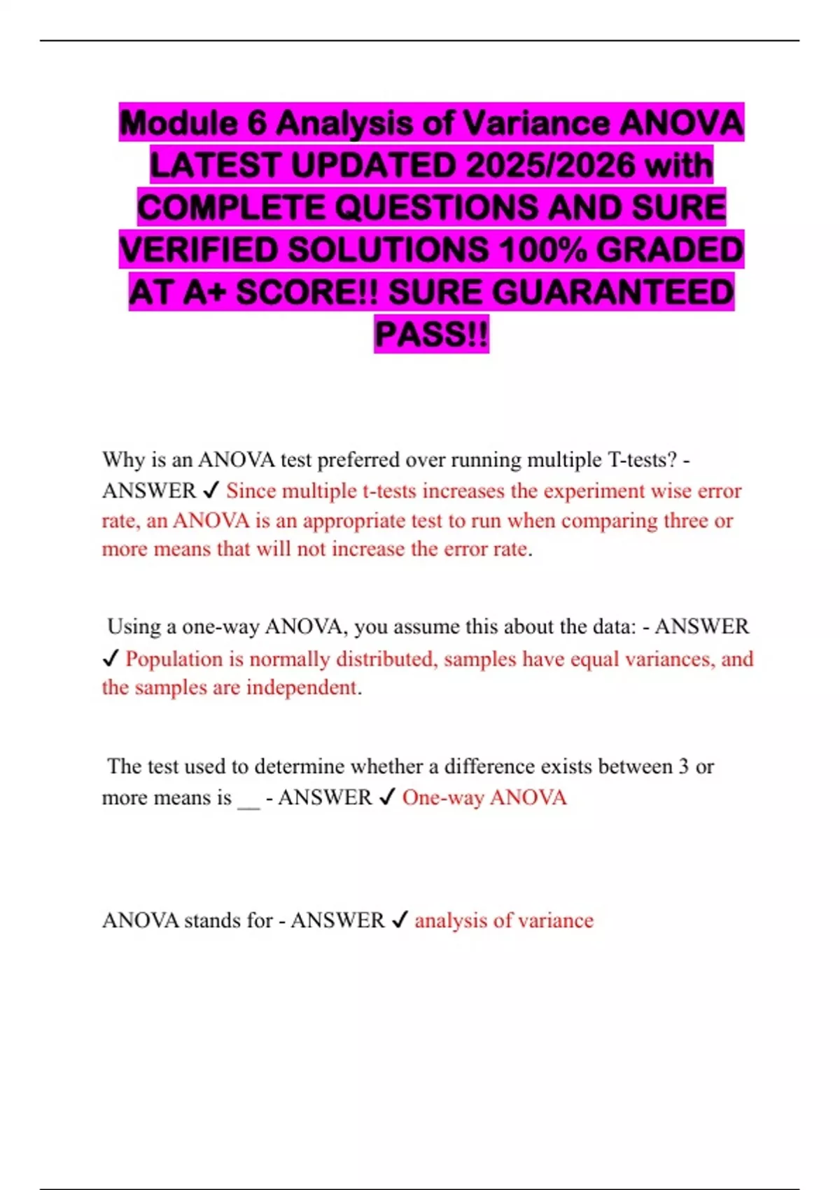Module 6 Analysis of Variance ANOVA LATEST UPDATED 2025/2026 with ...