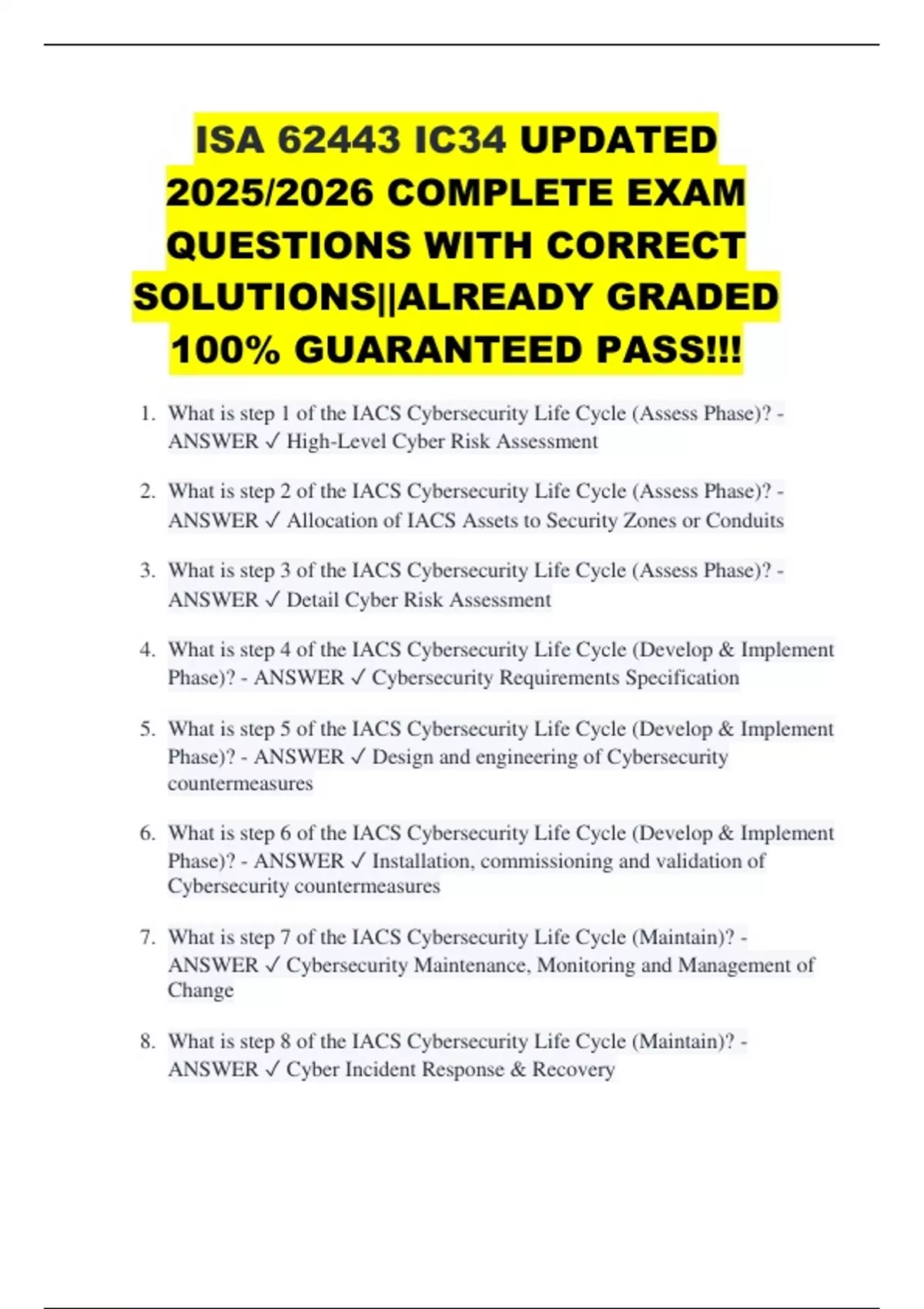 ISA 62443 IC34 UPDATED 2025/2026 COMPLETE EXAM QUESTIONS WITH CORRECT ...