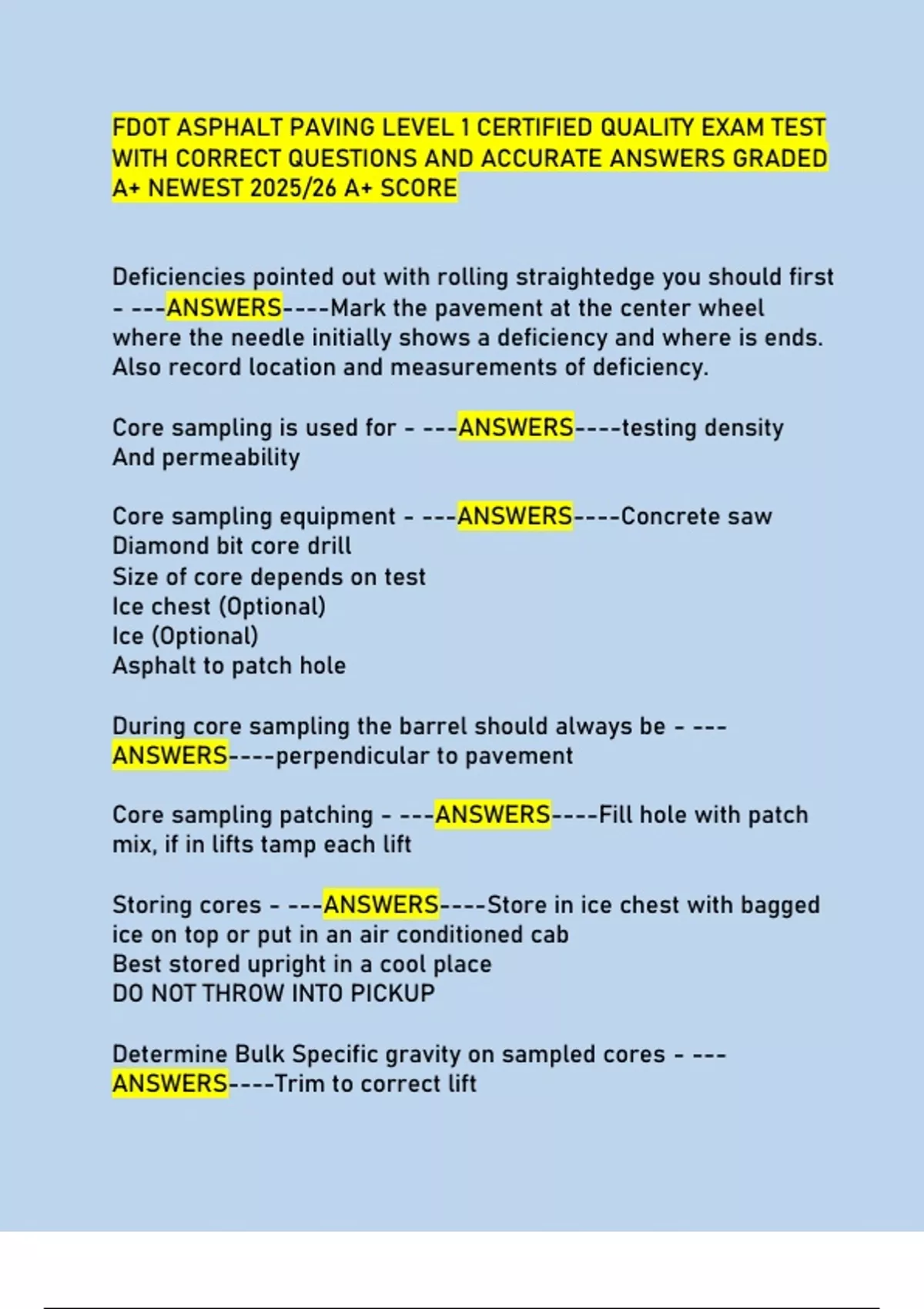 FDOT ASPHALT PAVING LEVEL 1 CERTIFIED QUALITY EXAM TEST WITH CORRECT ...
