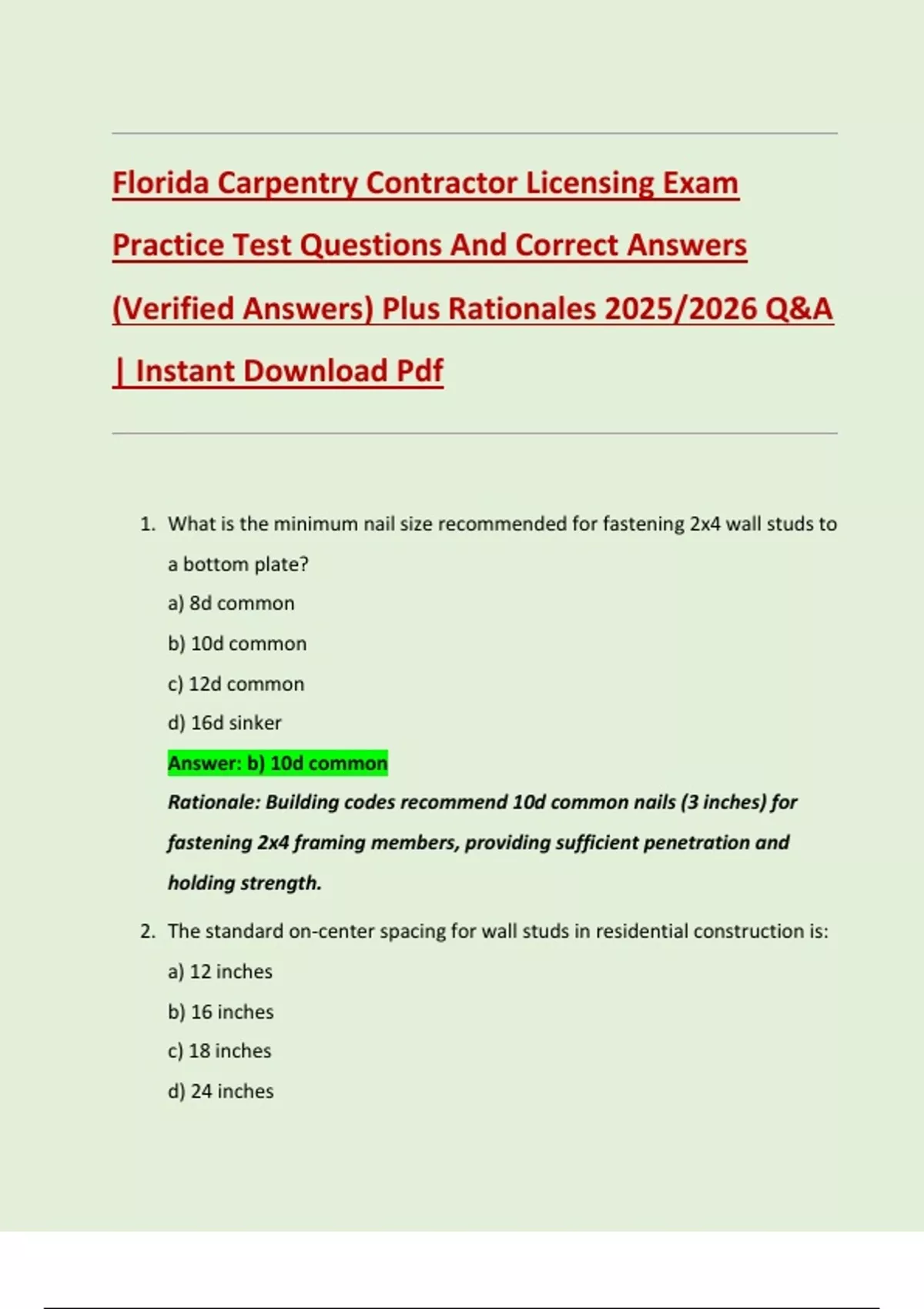 Bundle for Florida Carpentry Contractor Licensing Exam Practice Test ...