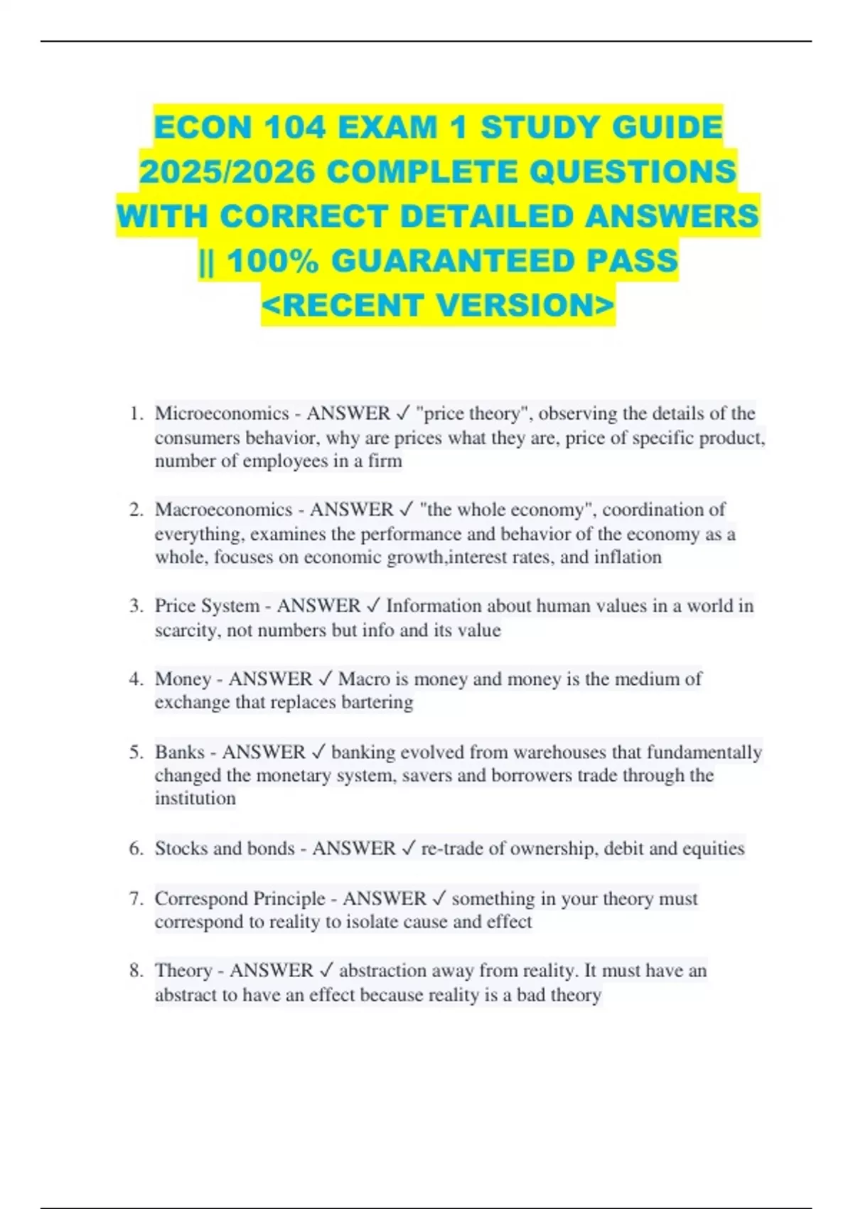 ECON 104 EXAM 1 STUDY GUIDE 2025/2026 COMPLETE QUESTIONS WITH CORRECT DETAILED ANSWERS || 100% ...