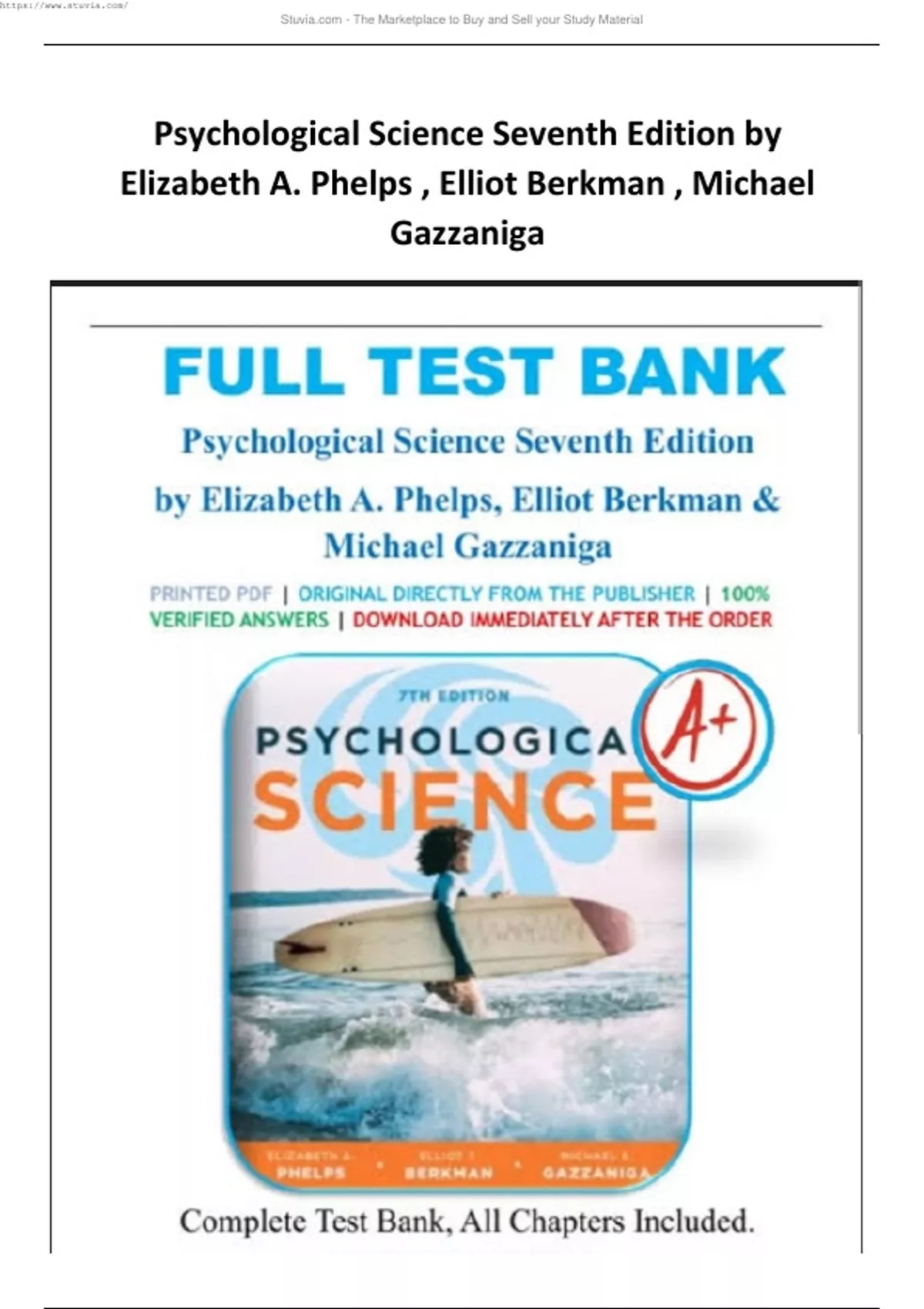 Test Bank for Psychological Science 7th Edition ( by Elizabeth A ...