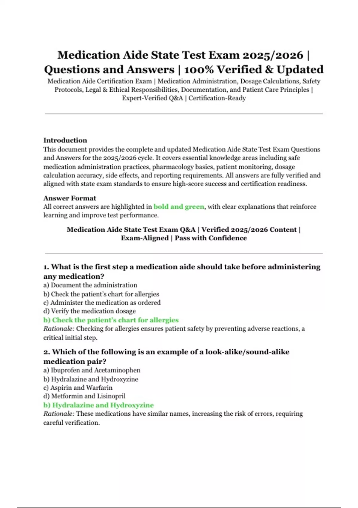 Medication Aide State Test Exam 2025/2026 | Verified Questions and ...