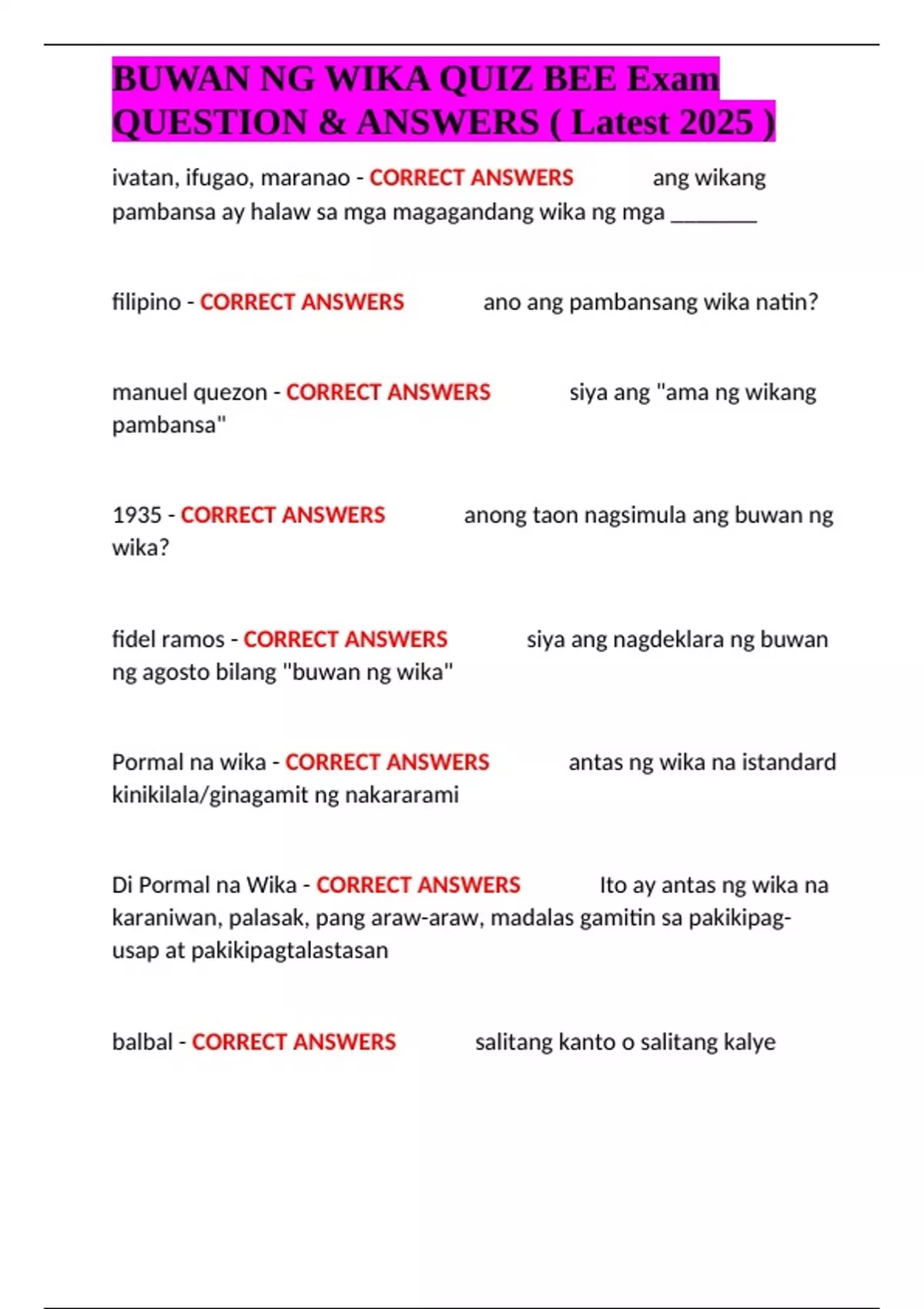 BUWAN NG WIKA QUIZ BEE Exam QUESTION & ANSWERS ( Latest 2025 ).docx ...