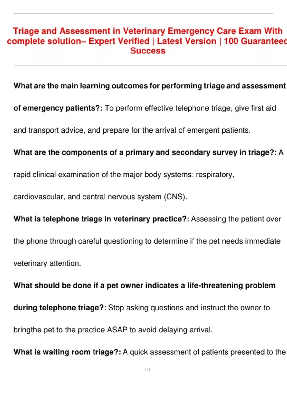 Triage and Assessment in Veterinary Emergency Care Exam With complete ...
