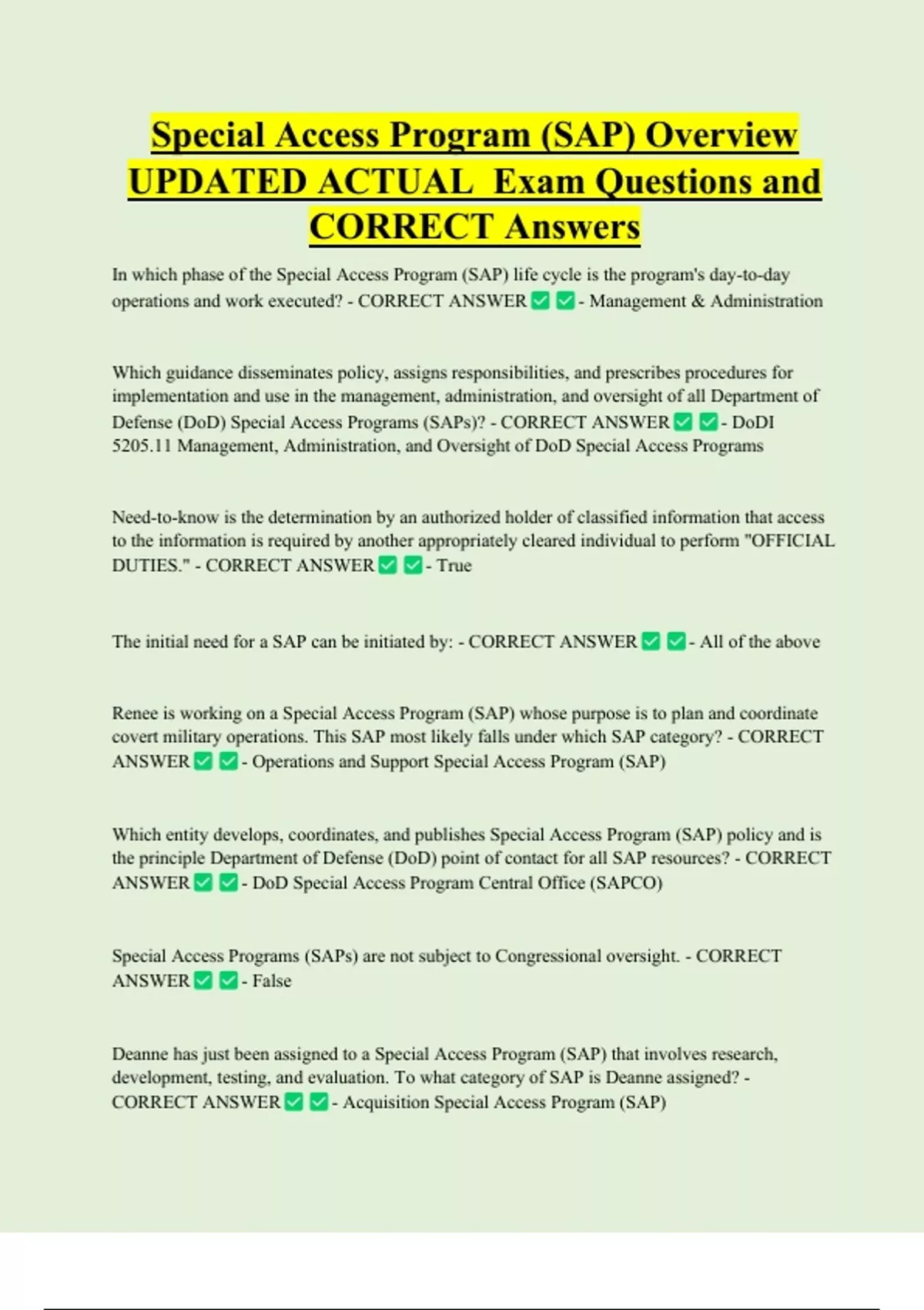 Special Access Program (SAP) Overview UPDATED ACTUAL Exam Questions and CORRECT Answers - SAP ...
