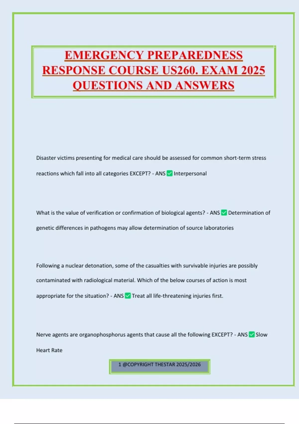 EMERGENCY PREPAREDNESS RESPONSE COURSE US260. EXAM 2025 QUESTIONS AND ...