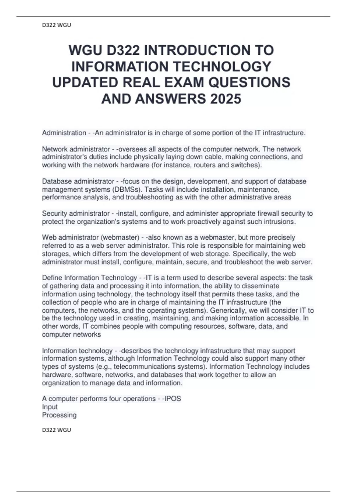 WGU D322 INTRODUCTION TO INFORMATION TECHNOLOGY UPDATED REAL EXAM ...