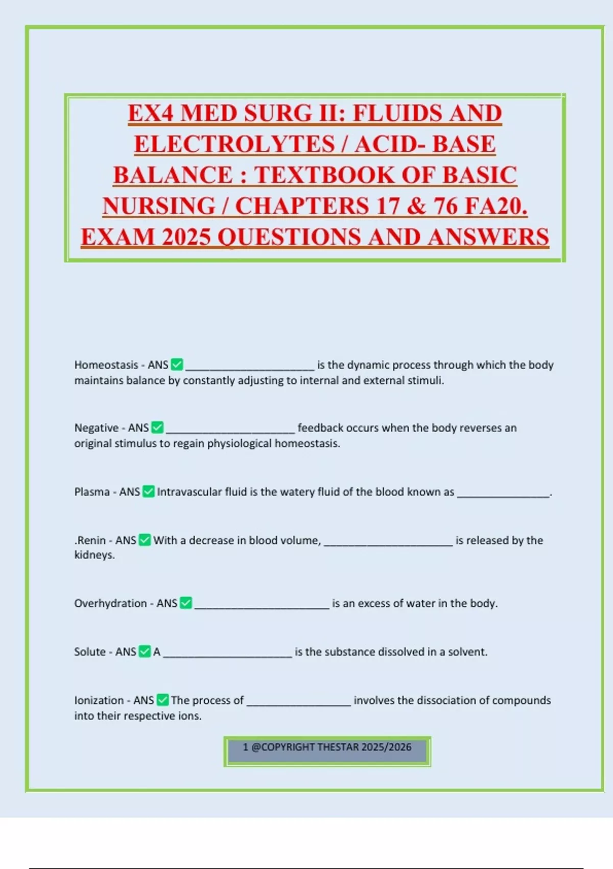 EX4 MED SURG II: FLUIDS AND ELECTROLYTES / ACID- BASE BALANCE ...