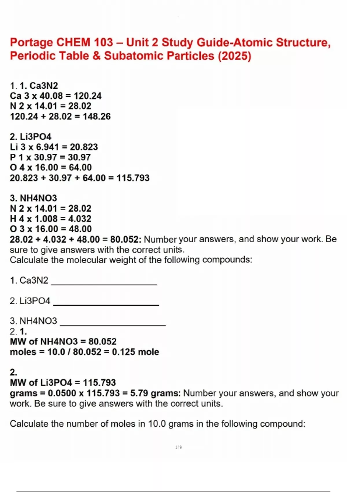 Portage CHEM 103 – Unit 2 Study Guide Atomic Structure, Periodic Table ...